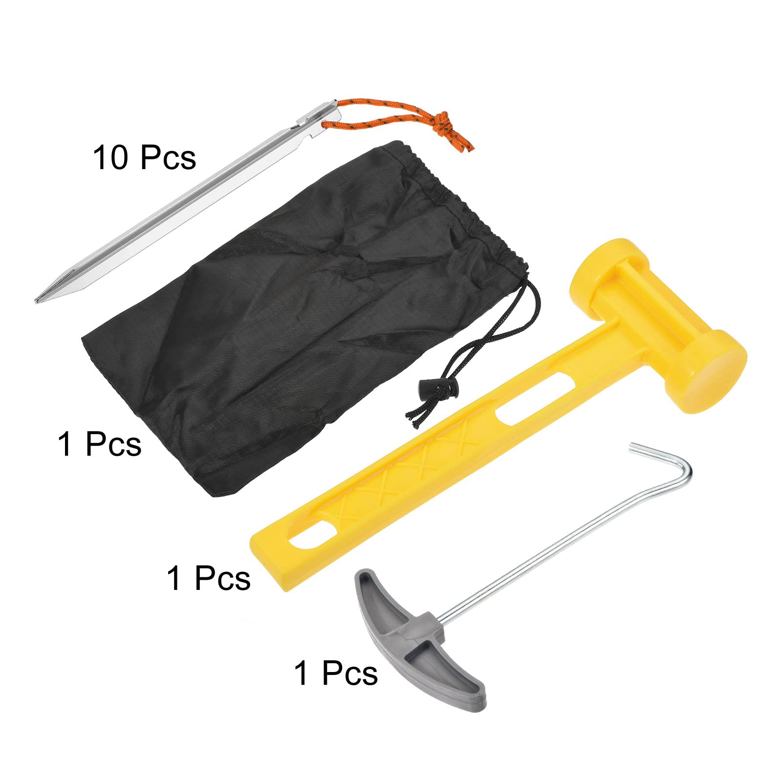 MECCANIXITY Camping Lightweight Tent Stakes Kit, 10Pcs Y-Beam Aluminum Ground Pegs, Plastic Hammer, Nail Puller and Storage Bag, Silver Tone 1 Set
