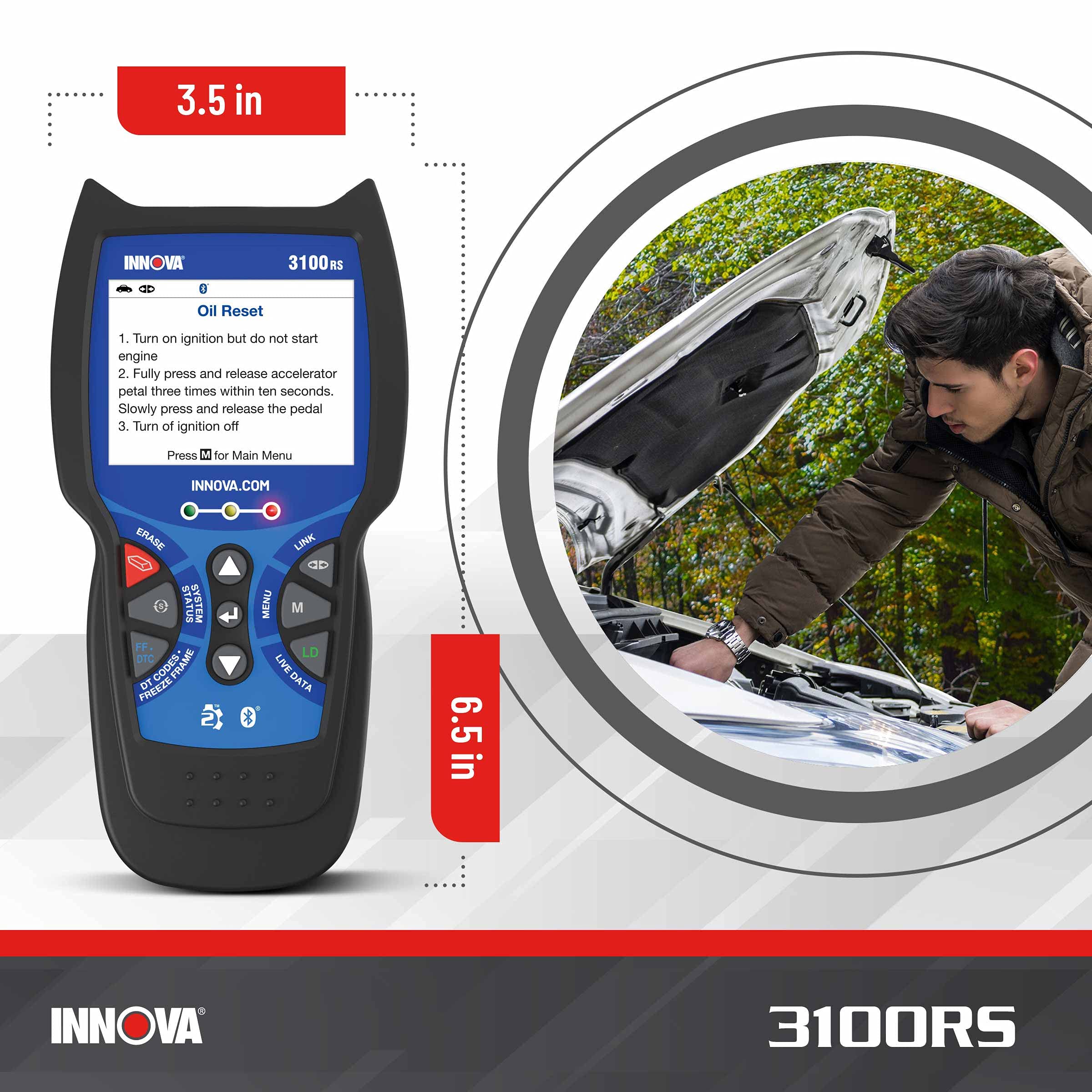 INNOVA 3100RS, OBD2 Scanner, ABS SRS Airbag Scan Tool with Airbag Light & Oil Light Reset, Stream Graph & Record Live Data, Get Suggested Repair & Parts on iPhone or Android