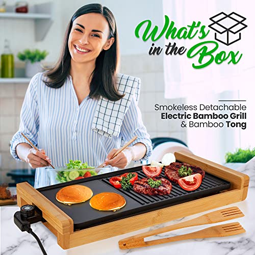 NutriChefKitchen Household Smokeless Indoor Grill, Nonstick Electric Grill, Detachable Bamboo, Tempaerature Control, Adjustable Temperature Knob, For Indoor BBQs with no smoke (Black)