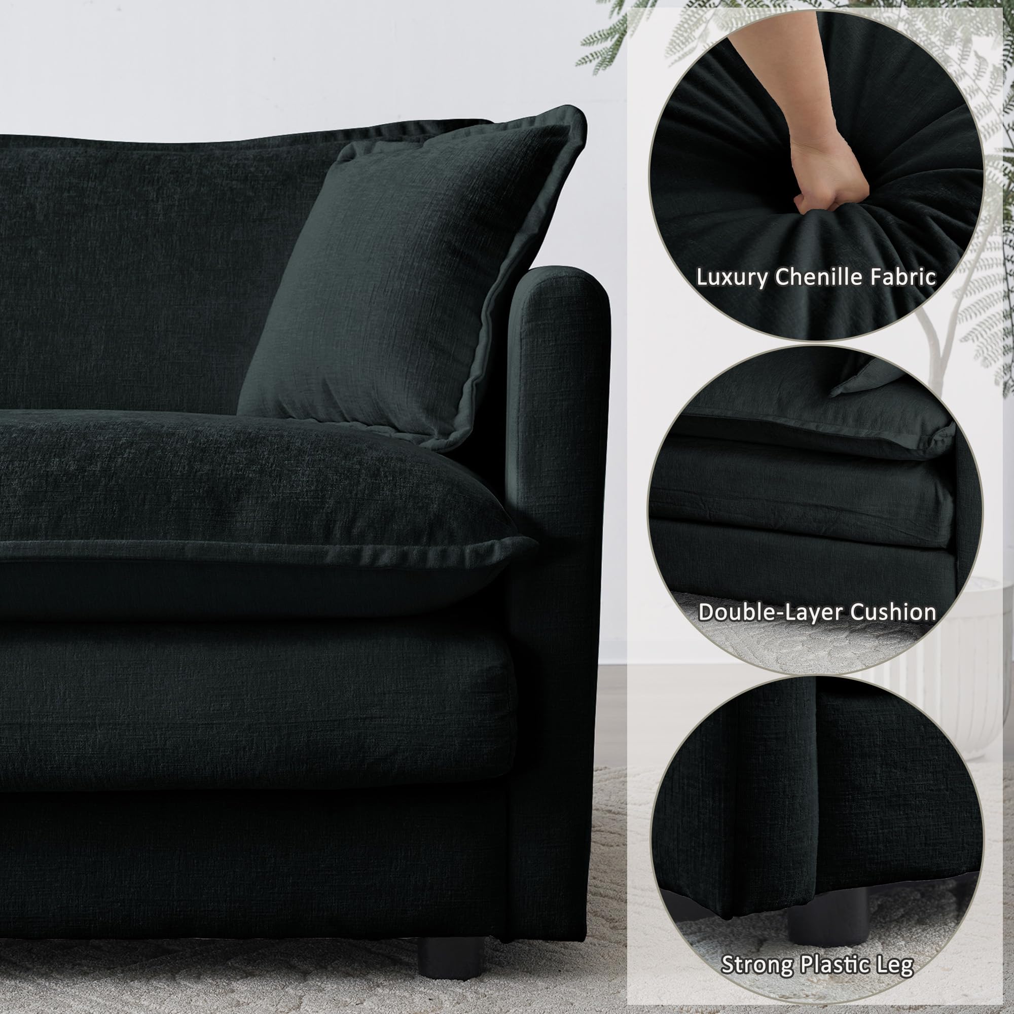 Tmsan 76.7" Black Deep Seat Loveseat Sofa, Oversized 2 Seater Chenille Sectional Cloud Couch, Modern Large Luxury Love Seat for Living Room Bedroom Apartment Office