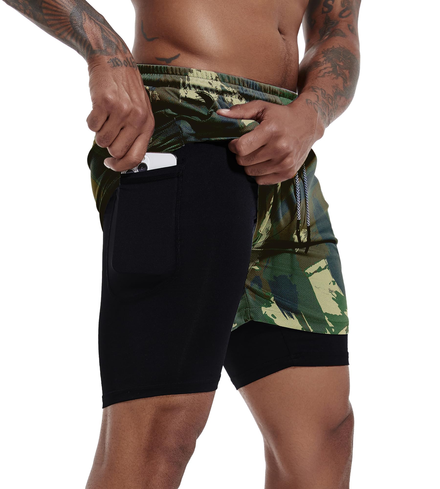 Men's 2 in 1 Workout Gym Running Shorts Athletic 7'' Dry Fit Mens Shorts Lightweight Short Pants with Compression Liner(CMGN L) Camouflage Green