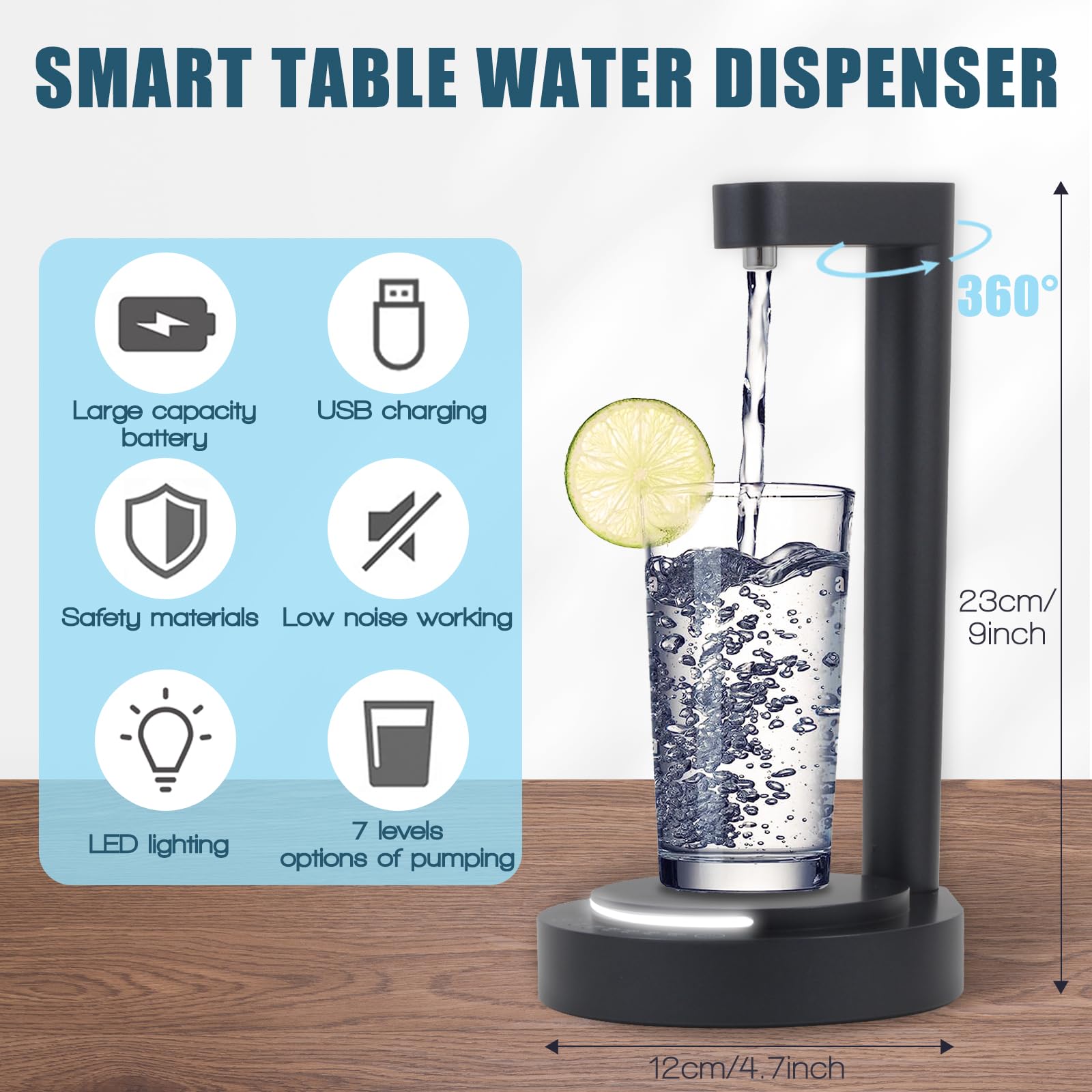 LED Bedside Water Dispenser,Desktop Water Bottle Dispenser,New Upgrade LED Light and Touch Buttons, Portable 5 Gallon Water Dispenser,with 7 Levels Pumping and Light,Suitable for Home, Office,