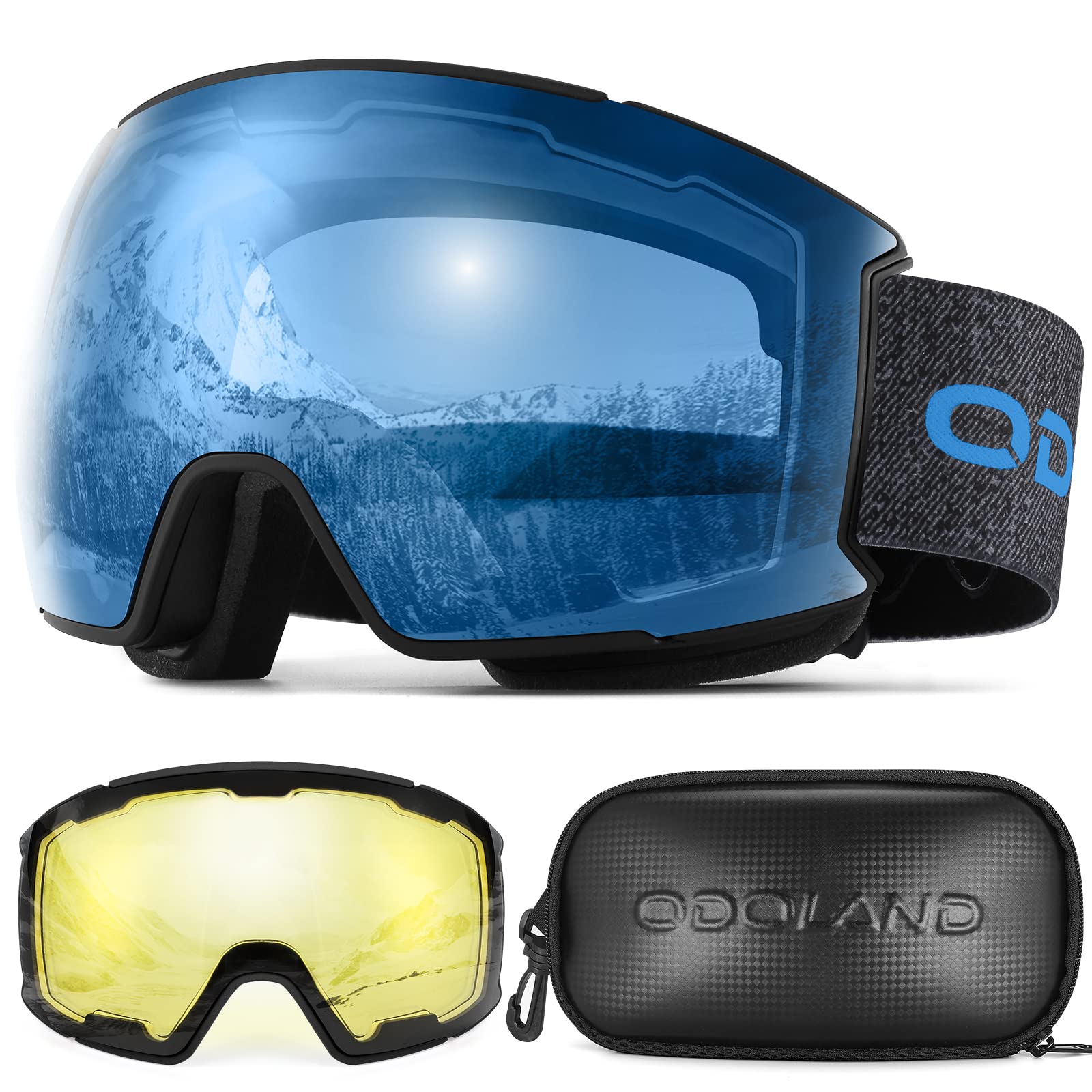 Odoland Bundle - 2 Items 4-in-1 Snowshoes with Trekking Poles, Blue, S and Magnetic Interchangeable Ski Goggles Set with 2 Lens, Dull Black Frame Blue Lens vlt 35%