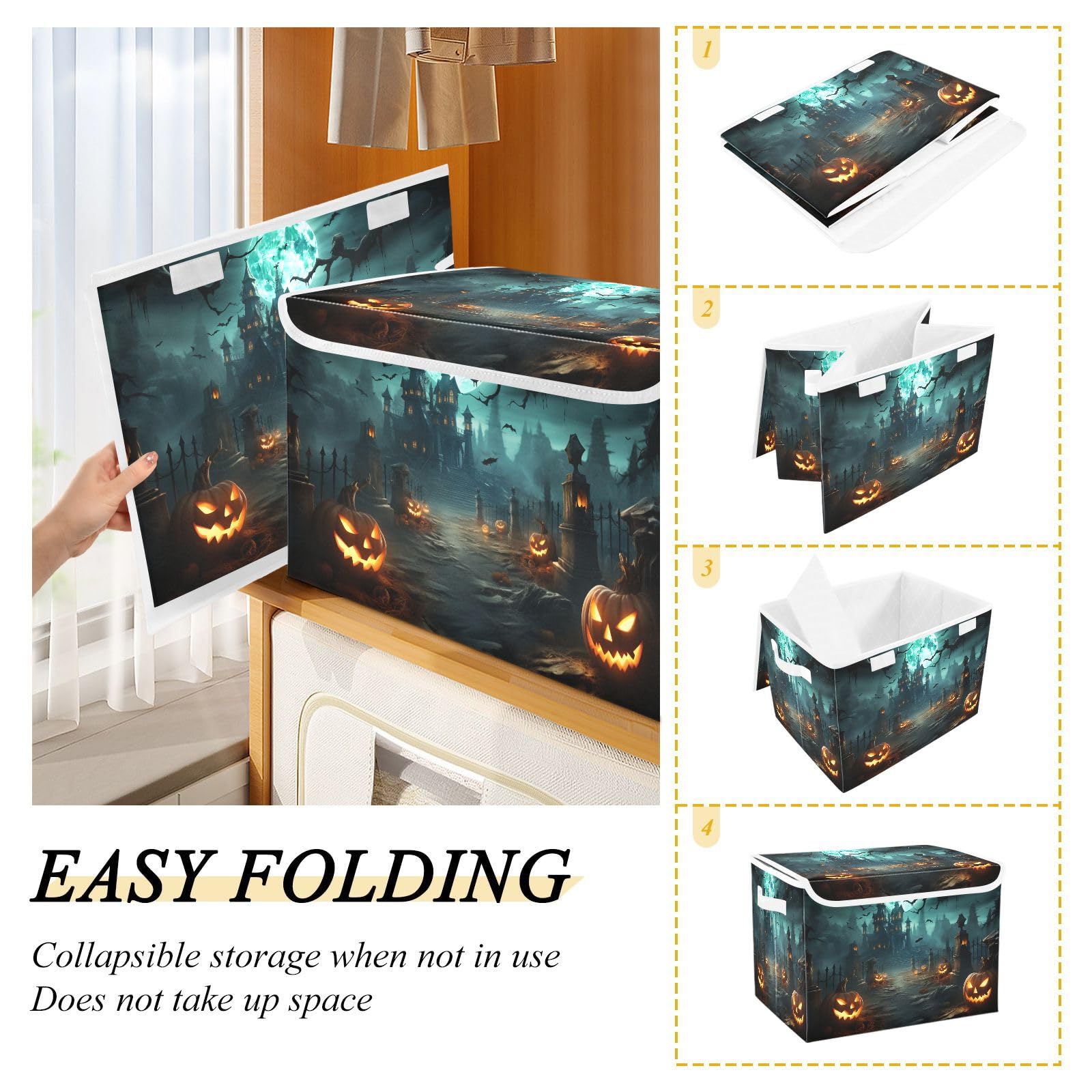 YETTASBIN Halloween Pumpkin Storage Basket with Lid and Handles, Large Collapsible Fabric Storage Bins Sturdy Storage Organizer for Shelves, Closet, Bedroom, School, Office, Home Decor