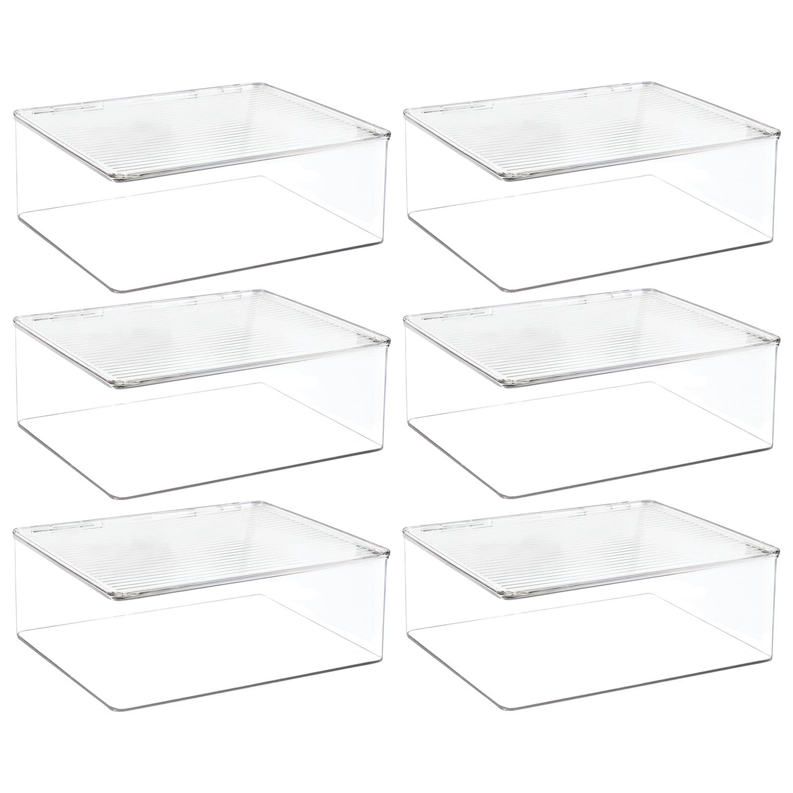 mDesign Plastic Kitchen Pantry and Fridge Storage Organizer Box Containers with Hinged Lid for Shelves or Cabinets, Holds Food, Snacks, Seasoning, Condiments, Utensils, Ligne Collection, 6 Pack, Clear