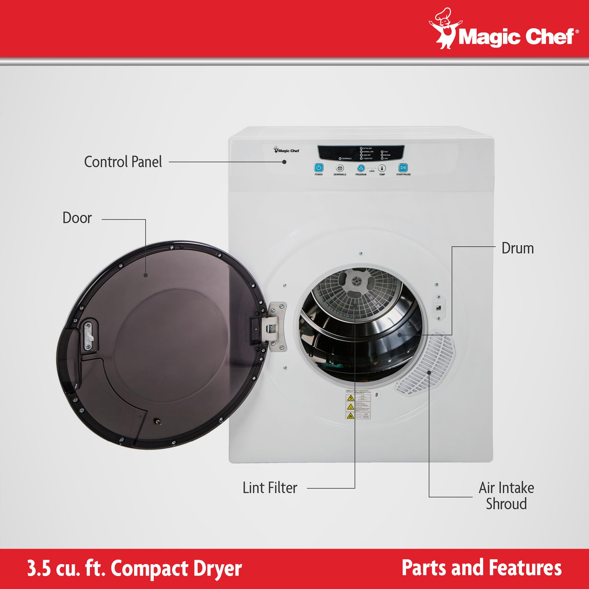 Magic Chef Compact Laundry Dryer Machine, Portable Dryer for Small Spaces, 3.5 Cubic Feet, White