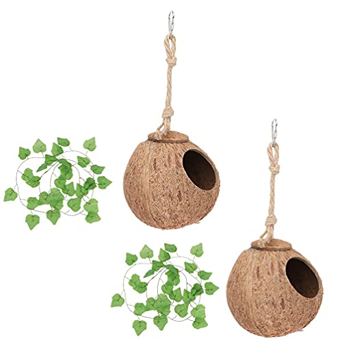 M I A 2 Pcs Crested Gecko Hut with 2 Vines Hanging Coconut Shell Reptile Treat Food Dispenser Bird Nest Reptile Hide Cave Lizard Nesting Hideout for Small Animal Random Color