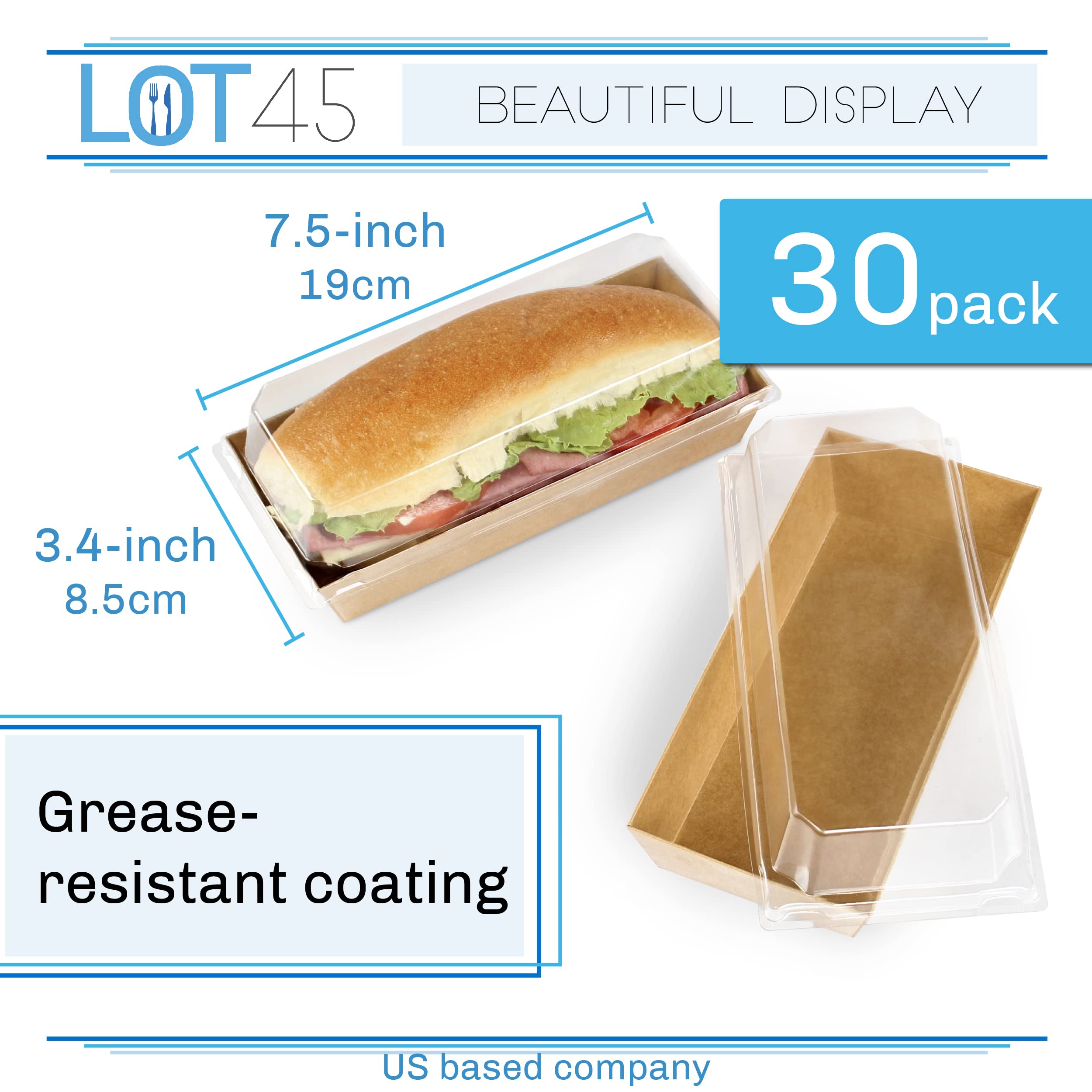 Lot45 Sandwich Paper Craft Box with Lid - 30pk 7.5in Long Sushi To Go Boxes Disposable Food Containers with Lids