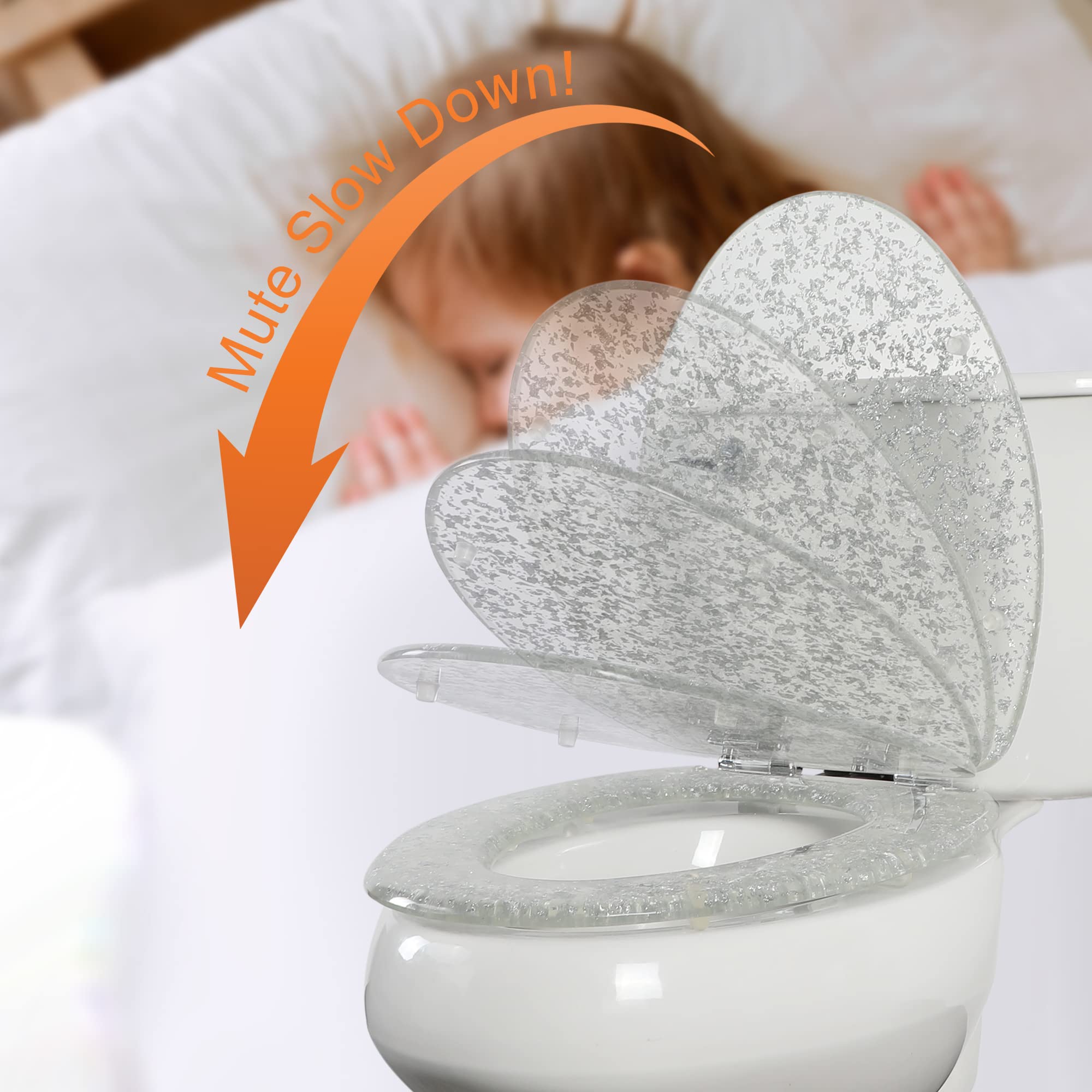 Resin Toilet Seat Elongated Soft Close Quick Release Heavy Duty Toilet Seats with Glitter Cover Acrylic Seats Silver Foil 19 Inch