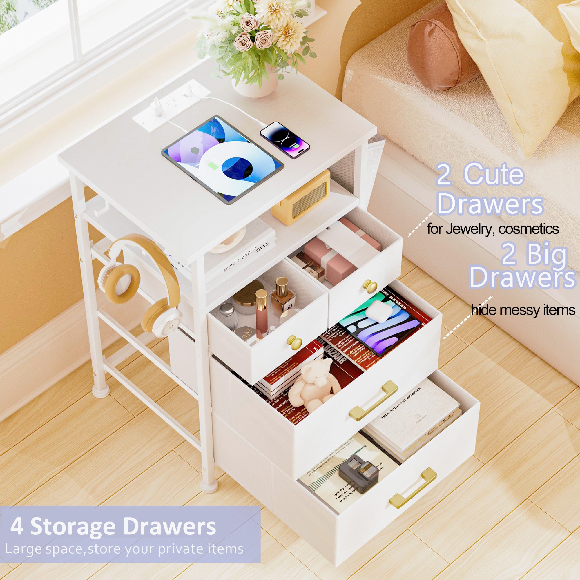 YIPPPPE White Nightstand with Charging Station, Led Night Stand, Bedside Table with 4 Drawers & Storage Shelf for Bedroom Dorm Small Space, 2 Hooks and 1 Side Pocket, White