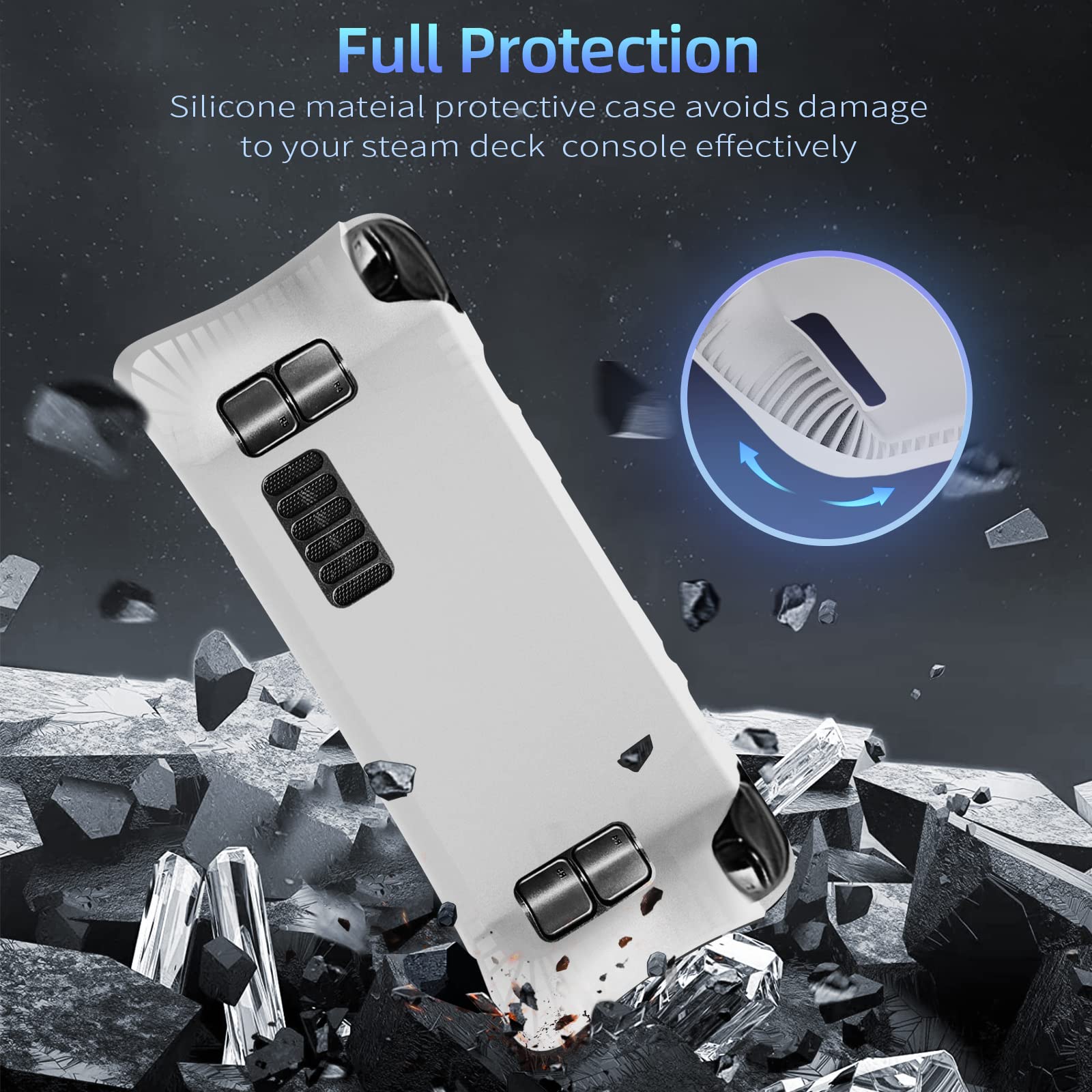 OFFCURVE Case for Steam Deck, Silicone Cover Case with Screen Protector & 2 Pairs Thumb Grips for Vavle Steam Deck Skin Shock-Absorption, Non-Slip and Anti-Scratch Design Steam Deck Accessories, White