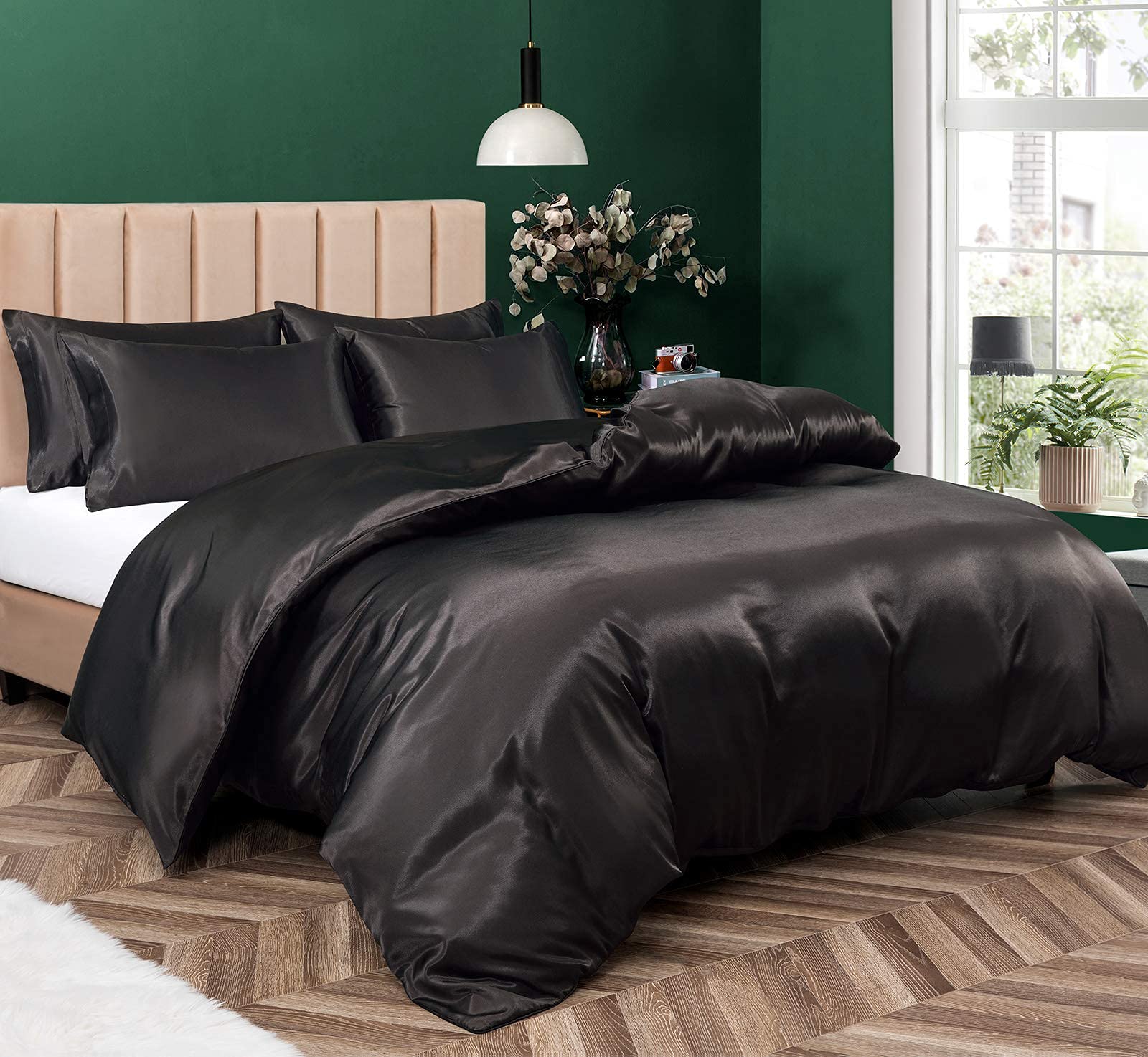 Pride Beddings 5 Pieces Satin Duvet Cover California King Size Black Duvet Cover Bedding Set with Zipper Closure, 1 Duvet Cover + 4 Pillow Cases