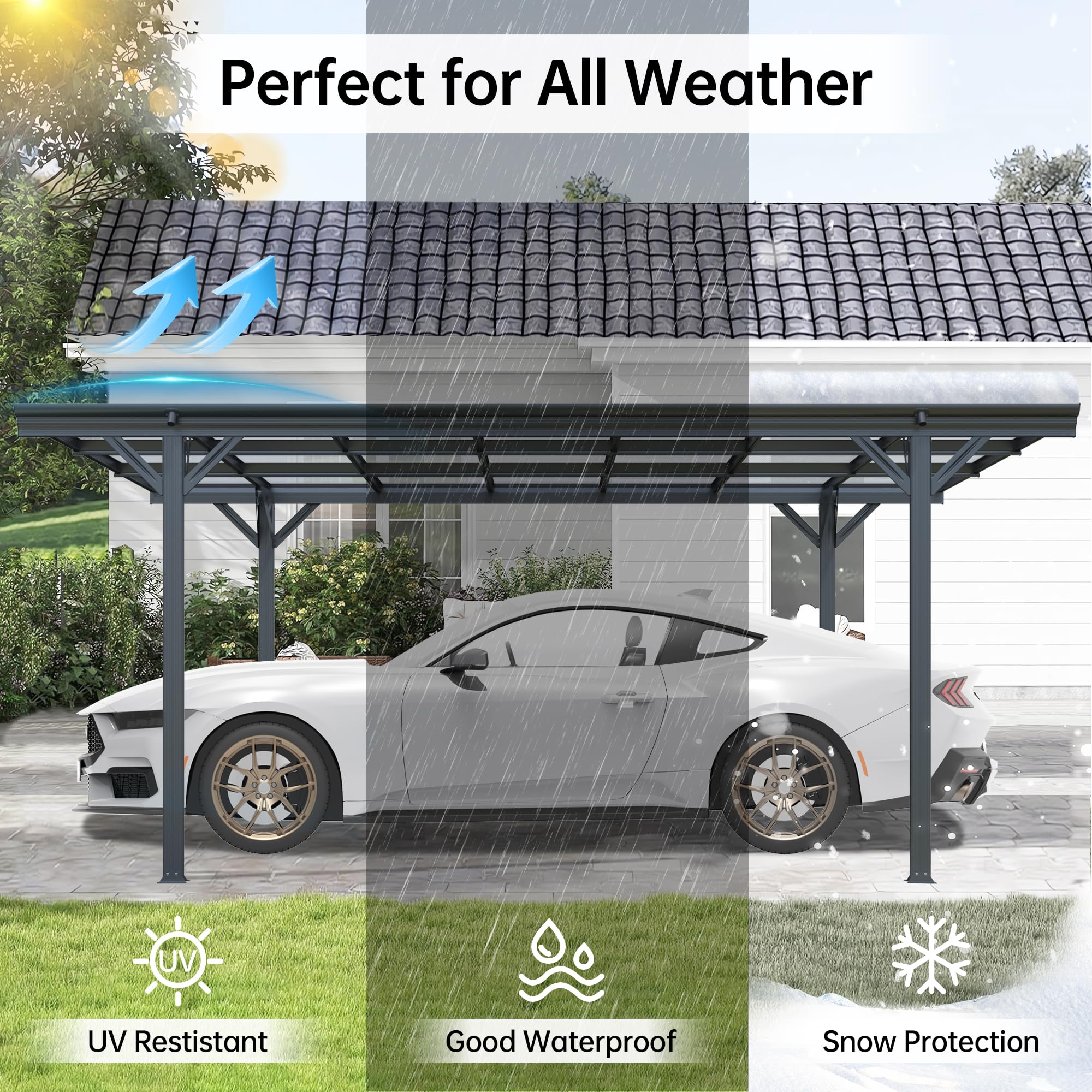 Real Relax Carport Heavy Duty Metal, 10 x 16 ft Aluminum Pitched-Roof Canopy with Polycarbonate Panel