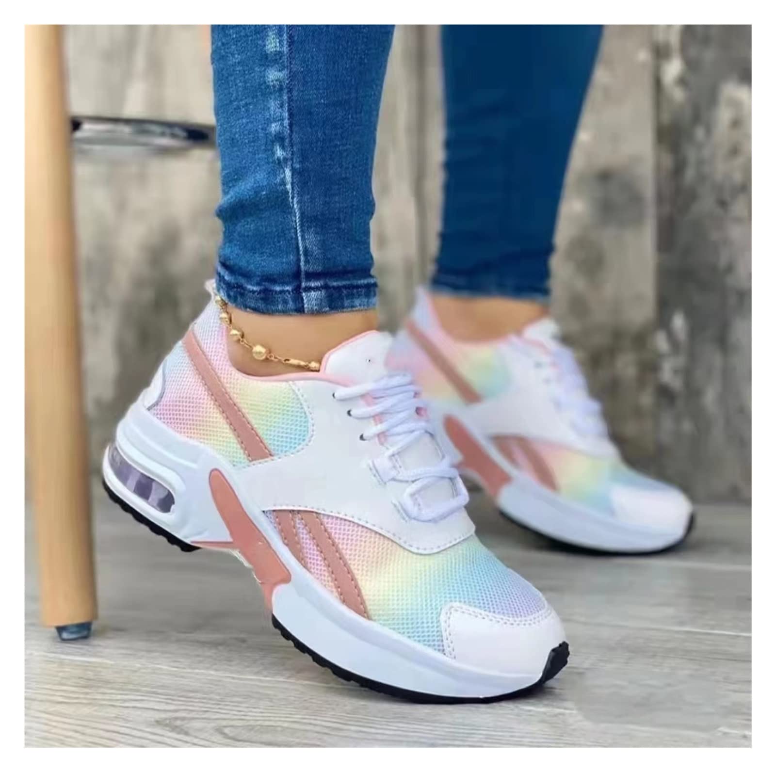KAHXI Women's Thick-Soled Lace-up Sneaker Fashion Round Toe Cross Shoes Breathable Sport Gym Walking Tennis Shoes (Color : Color, Size : 8.5)