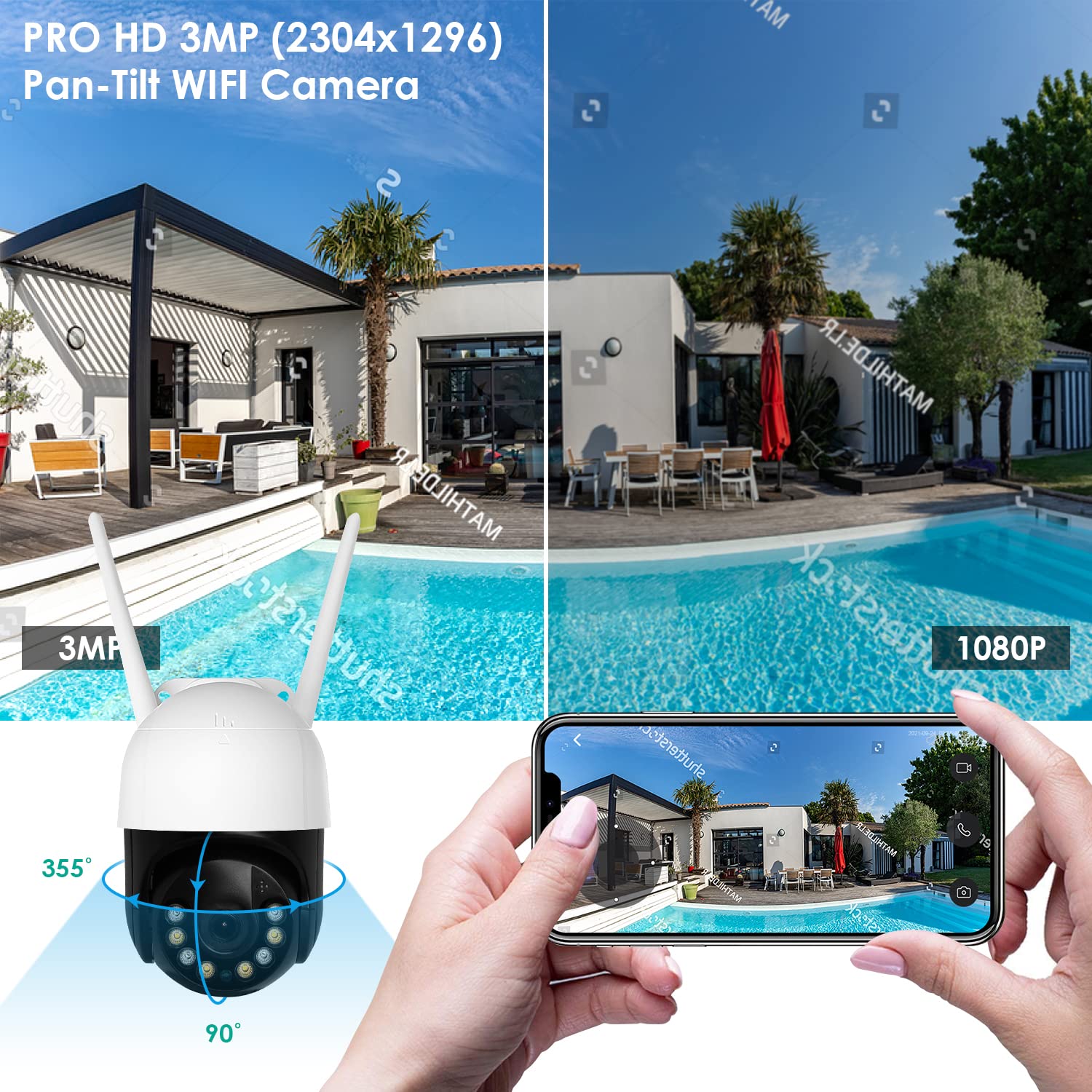 Rraycom 3Pack Security Cameras Outdoor,2K(3MP) Surveillance WiFi Camera with 360°View,Motion Alert,Auto Tracking,Two Way Audio,Waterproof,Pan-Tilt Color Night Vision,SD Card &Cloud Storage