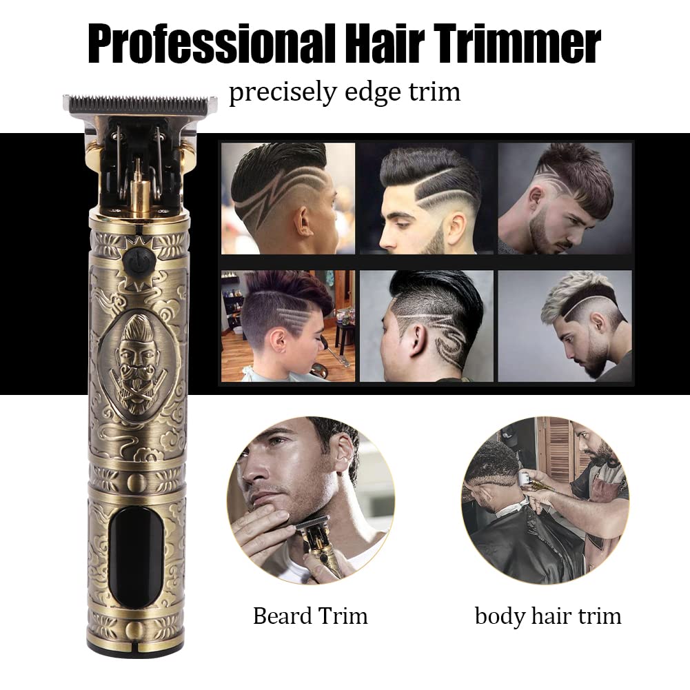 Professional Recharge Hair Trimmer Kit for Man,LCD Display Cordless Body Hair Clipper,Electric T Blade Zero Gapper Beard Shaver with Guide Comb and Smock(Bronze)