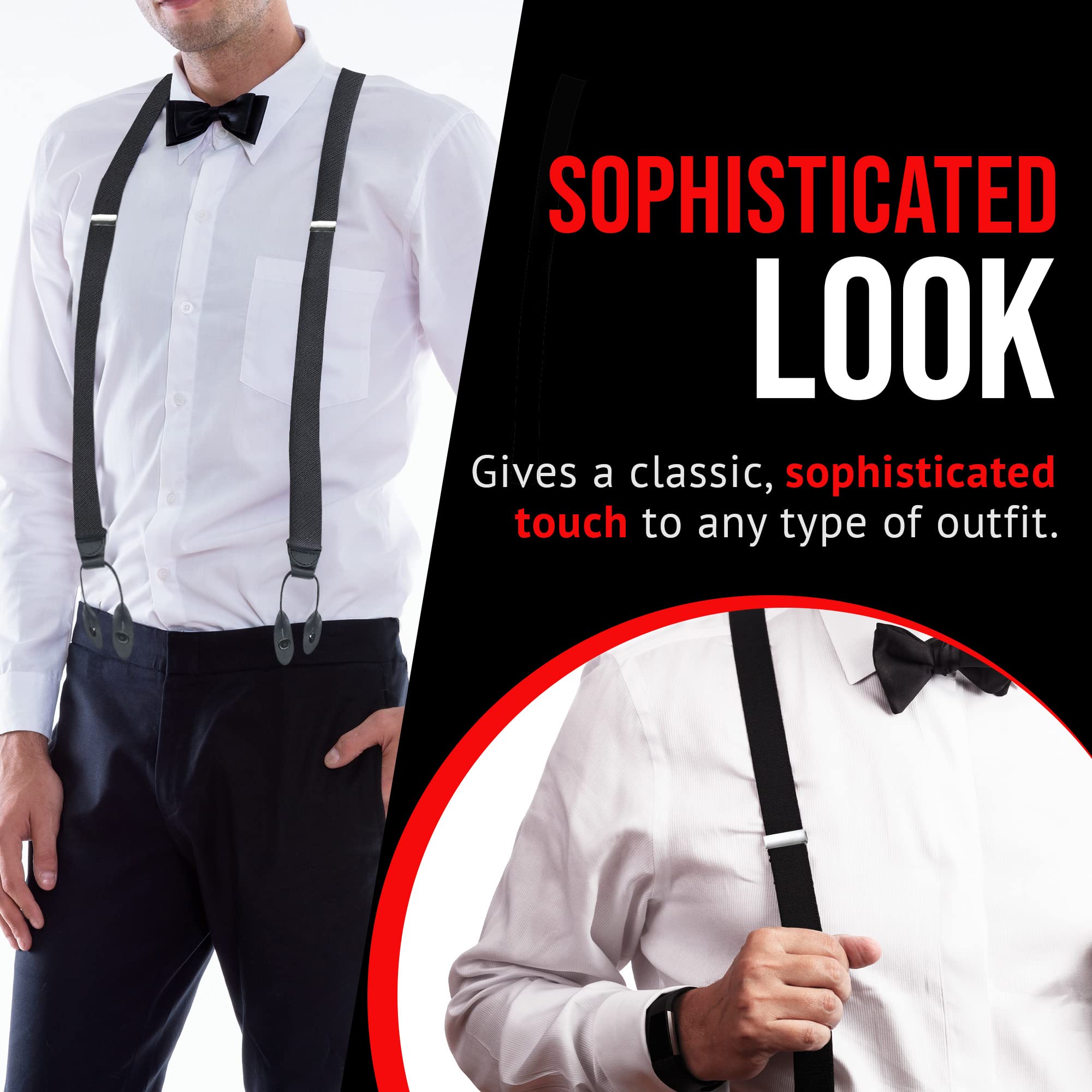 HOLD'EM Tuxedo Suspenders for Men Black Genuine Leather Button End 1.25 Inches Mens Braces Suspenders- Black (Regular 46" Long)