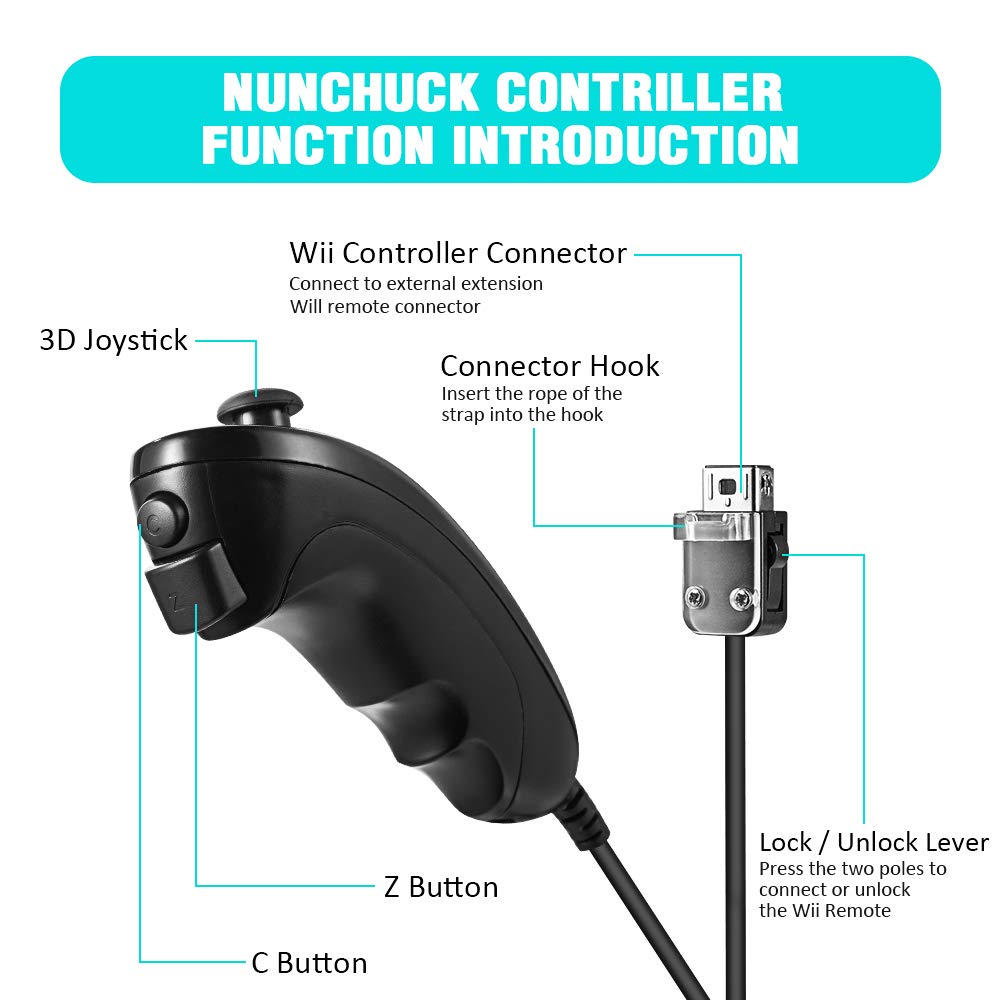 KIWITATA 2 Pack Wii Nunchuck Controllers, Nunchuk Remote Jostick Game Controller Replacement for Wii Wii U Video Game Console Black