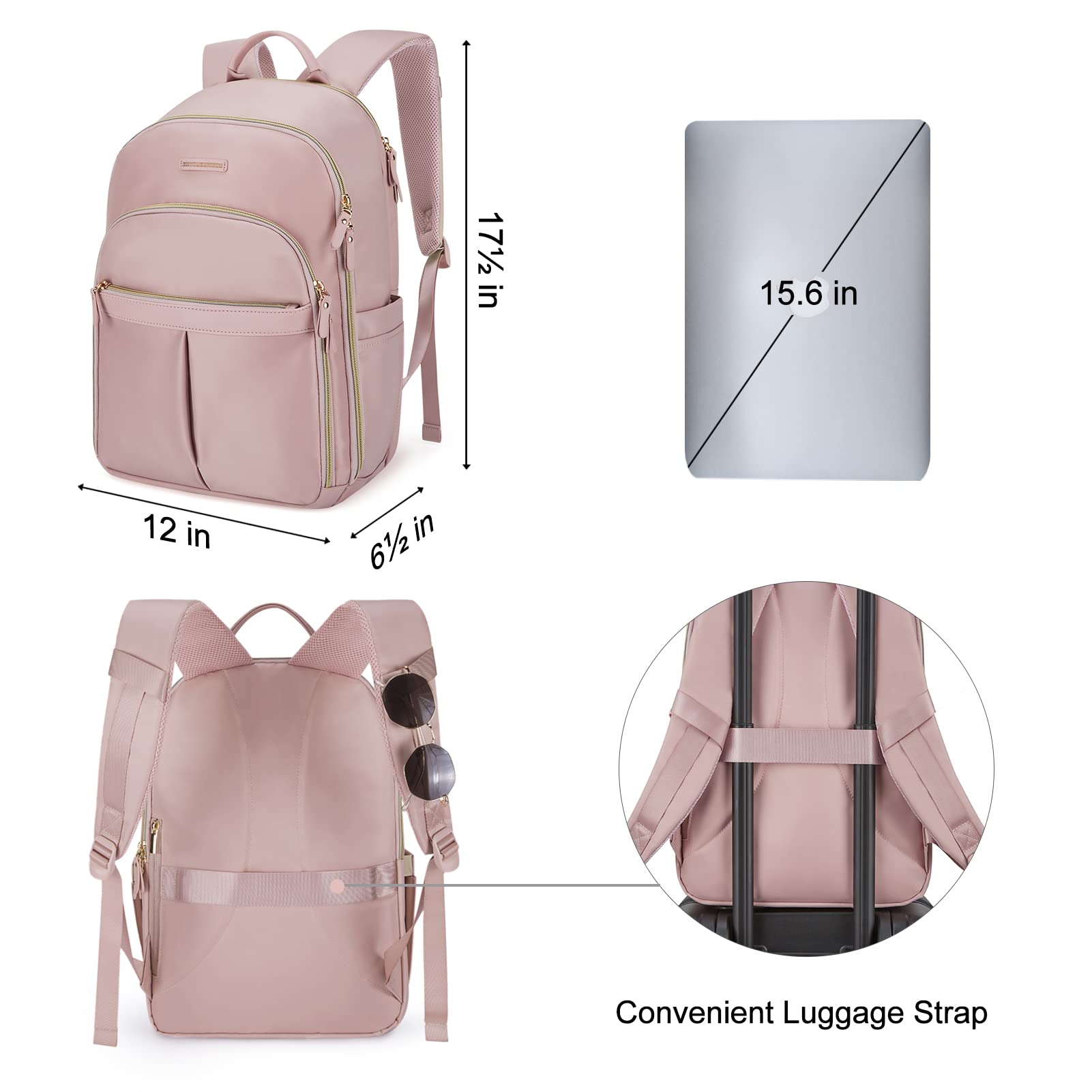LIGHT FLIGHT Laptop Backpack for Women fits 15.6'' Computer Backpack with USB Charging Port, for Book Bag Work College Business Travel,Pink
