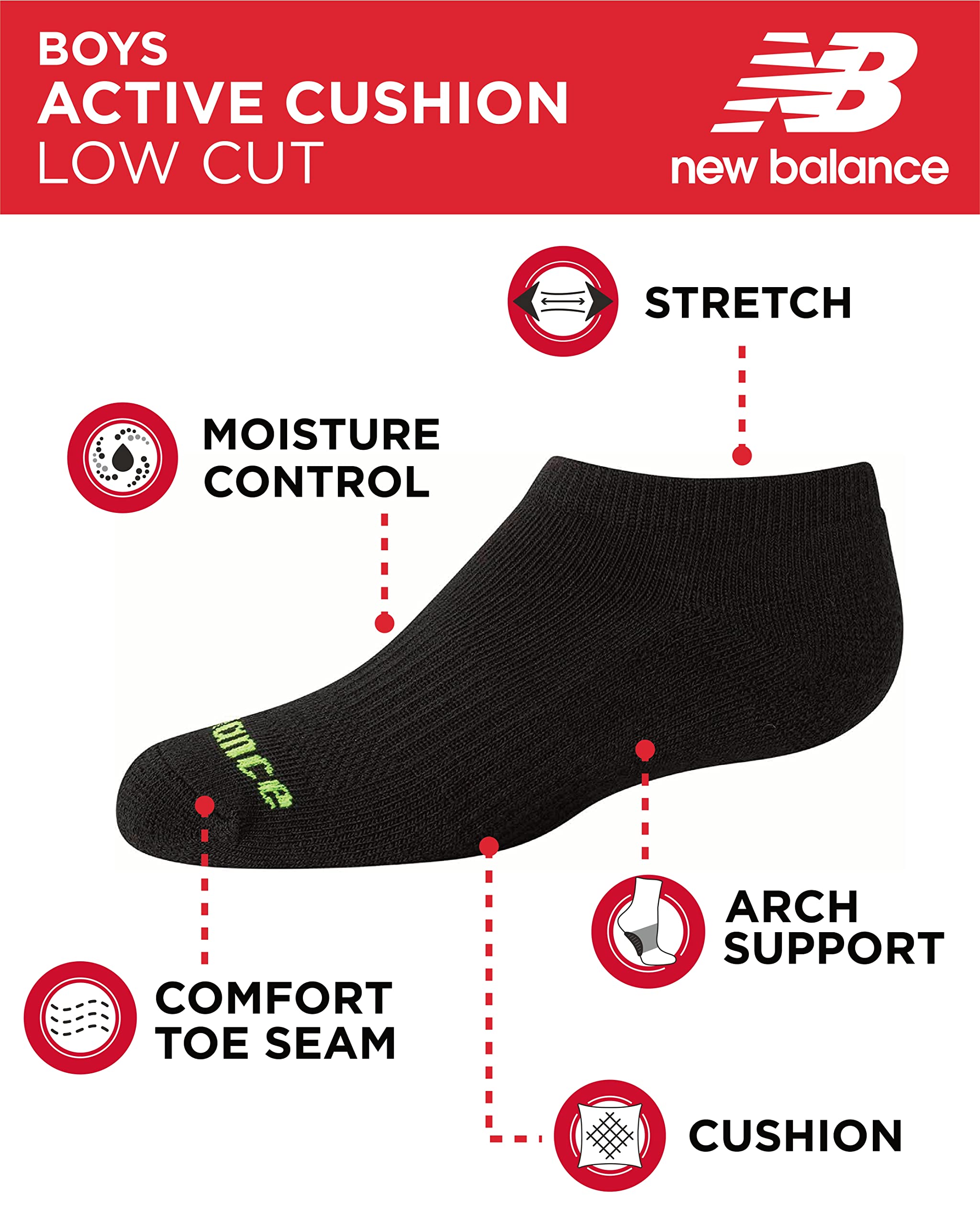 New Balance Boys' Low Cut Socks - 16 Pack Cushioned Athletic Low Cut Ankle Socks for Boys - Breathable Boy's Sports Socks, Size Large, White
