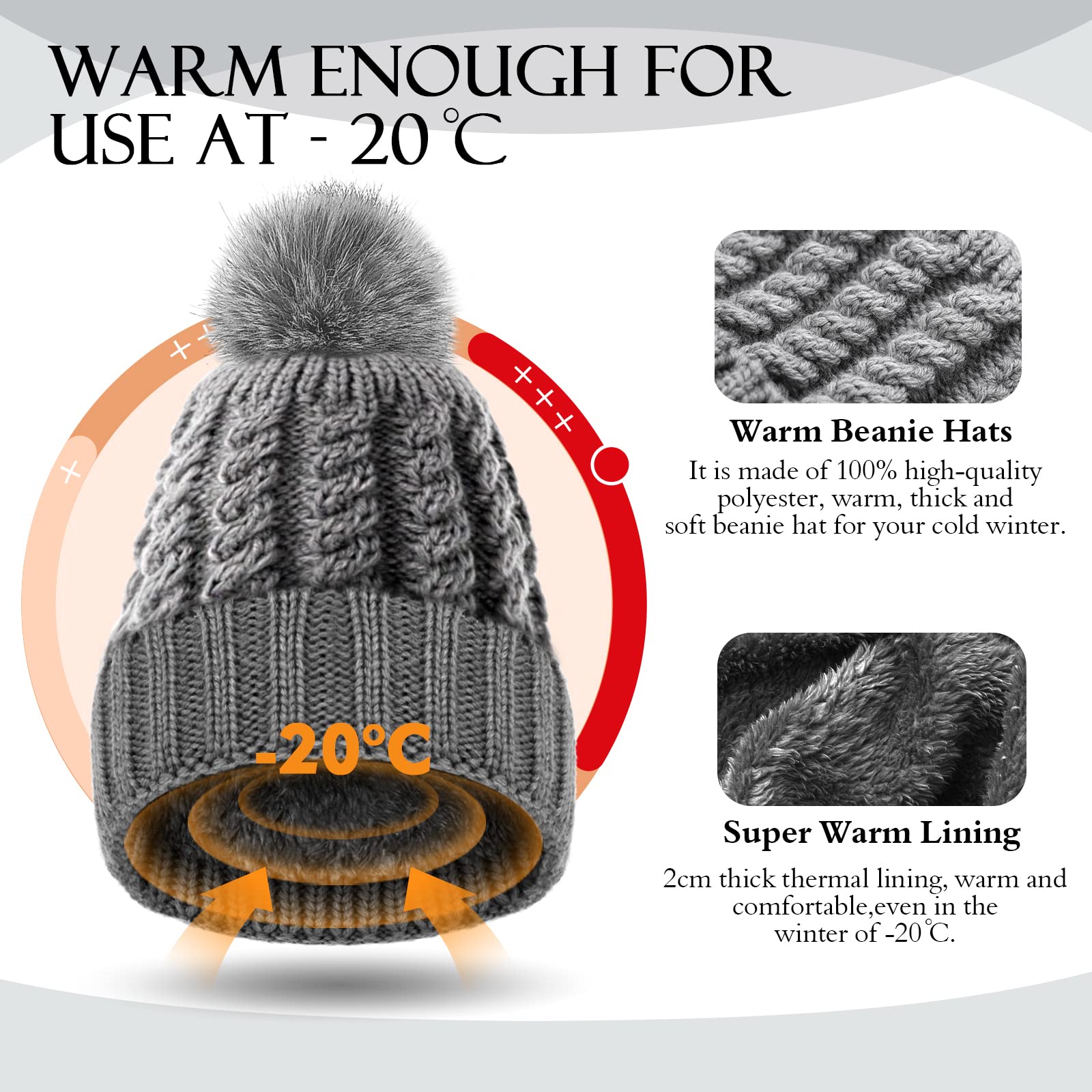 MooonGem Womens Winter Beanie Hats,Soft Beanie with Warm Lined Fashion Warm Chunky Soft Stretch Hats,Thick Knitted Ski Cap Warm Hat for Cold Weather Outdoor Activities Camping Hiking Skiing Grey