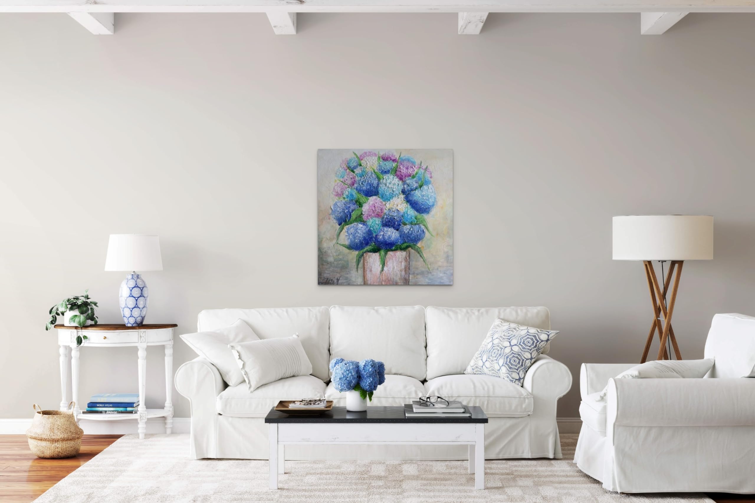 Hydrangea Flowers Blue Lavender White Bouquet in Ceramic Vase, Original Oil Painting