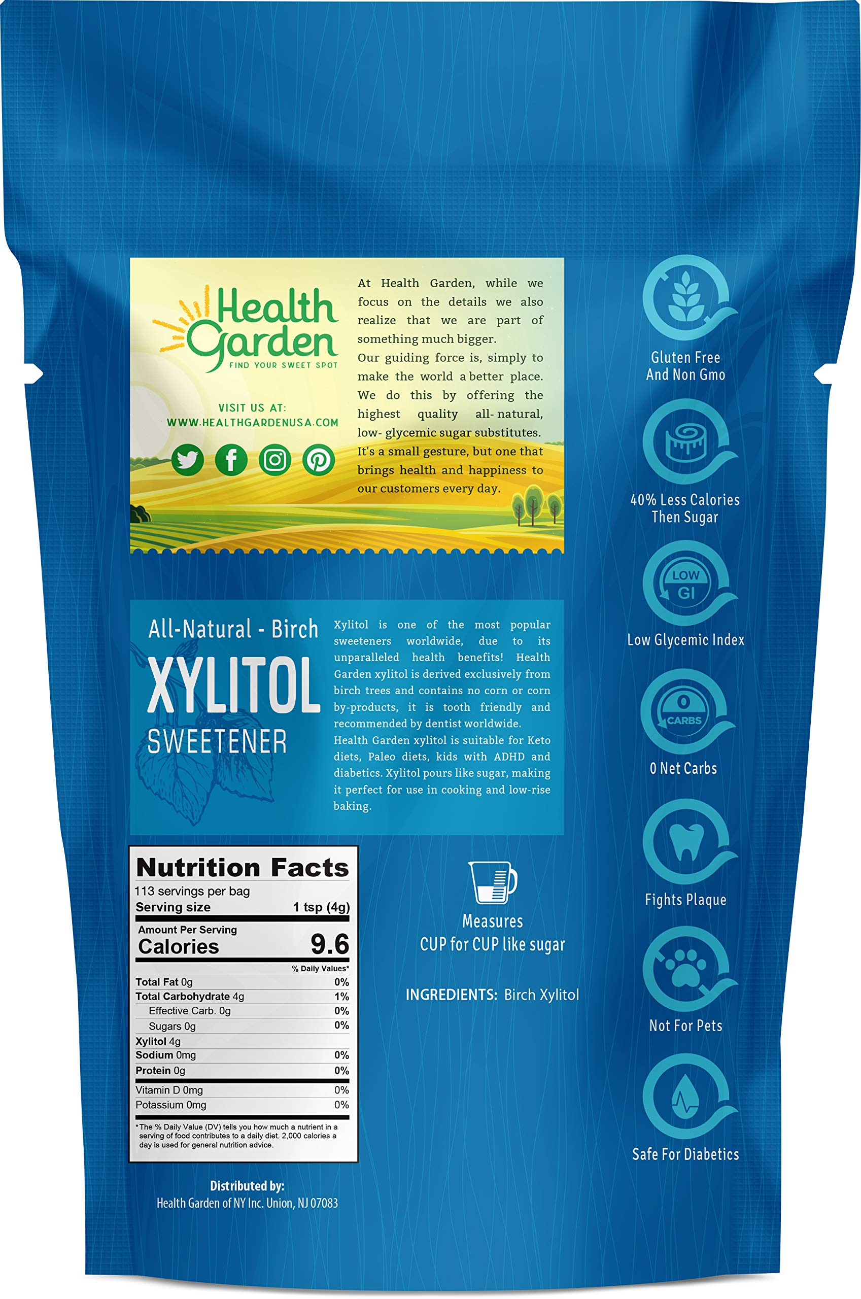 Health Garden Birch Xylitol Sweetener - Pure Birch Xylitol - Non GMO, Kosher, Ideal Powdered Sugar Substitute - Non-GMO Sugar Alternative - 1 lb