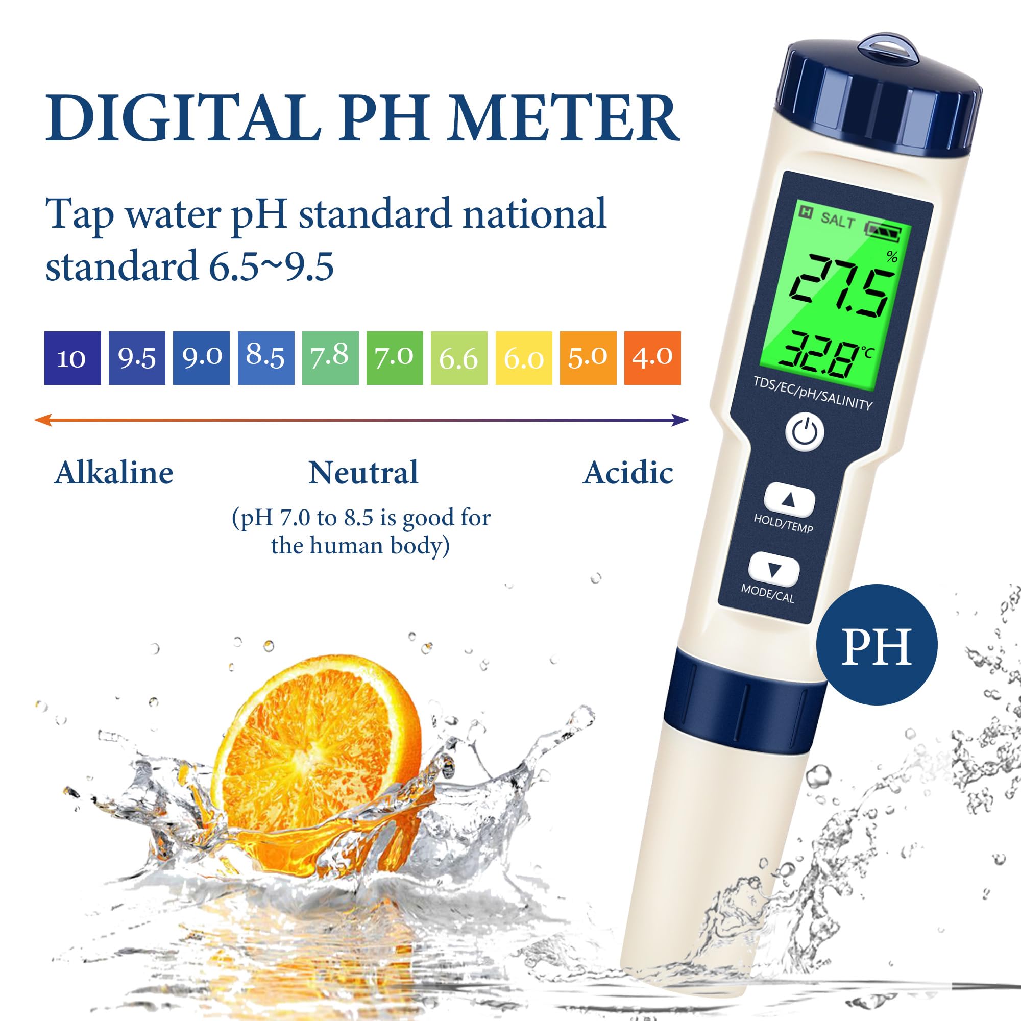 pH Meter for Water,Pool Water Tester 5 in 1 pH/TDS/Salinity/Temp&EC Meter,IP67 Waterproof pH Tester,TDS Meter Digital Water Tester with Backlit,Salt Water Pool Testing Kit for Aquarium & Seawater.
