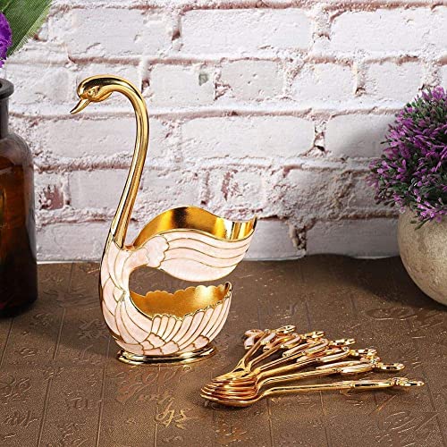 Metal Coffee Dessert Dinner Spoon Set, Teaspoon Fruit Dessert Flatware Swan Base Holder Metal Coffee Spoon Organizer with 6pcs Coffee Dessert Sugar Ice Cream Spoons (Gold)