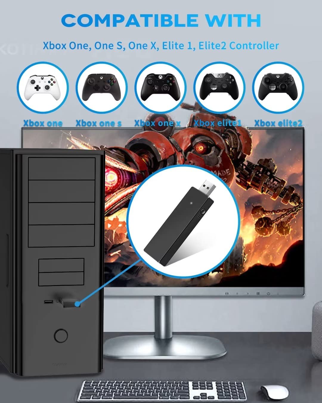 OLCLSS Wireless Adapter for Xbox One Controller, USB Adapter Suitable for PC, Laptops, Tablets, Windows 7 8 10, fit for Xbox One, One S, One X, Elite 1, Elite 2 Controller