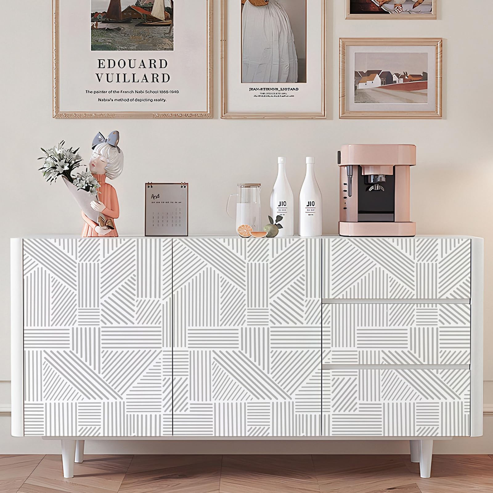 Tomete Gray and White Wallpaper Geometric Wallpaper Peel and Stick Wallpaper Boho Modern Geometric Contact Paper for Cabinets Removable Line Bathroom Wallpaper Waterproof Self-Adhesive17.3βΓ393β