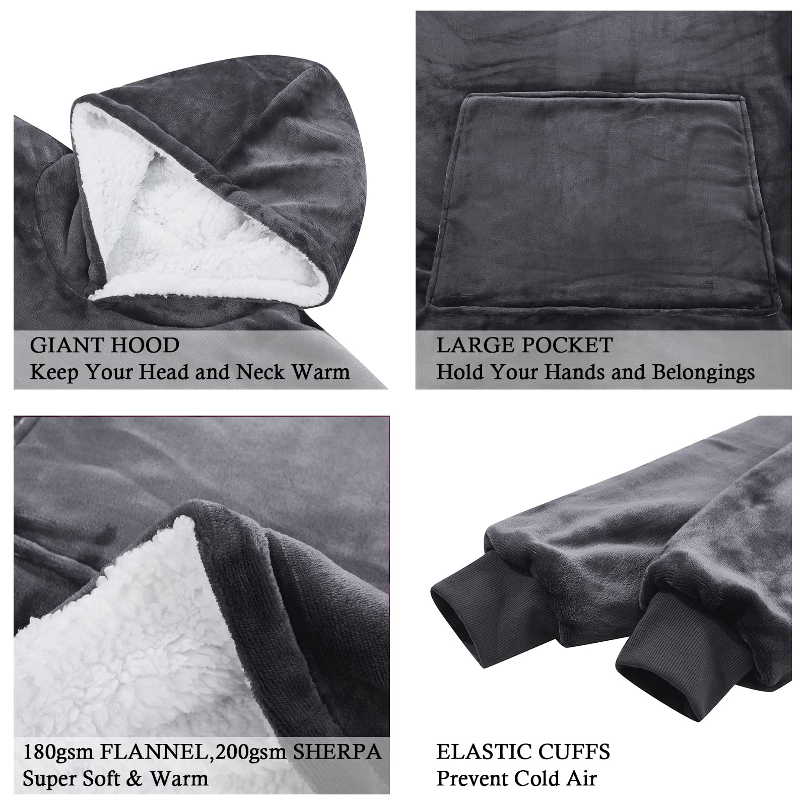 L'AGRATY Wearable Blanket Hoodie Oversized Giant Hooded Blanket Sweatshirt with Pocket Sleeves Flannel Sherpa Blanket Jacket