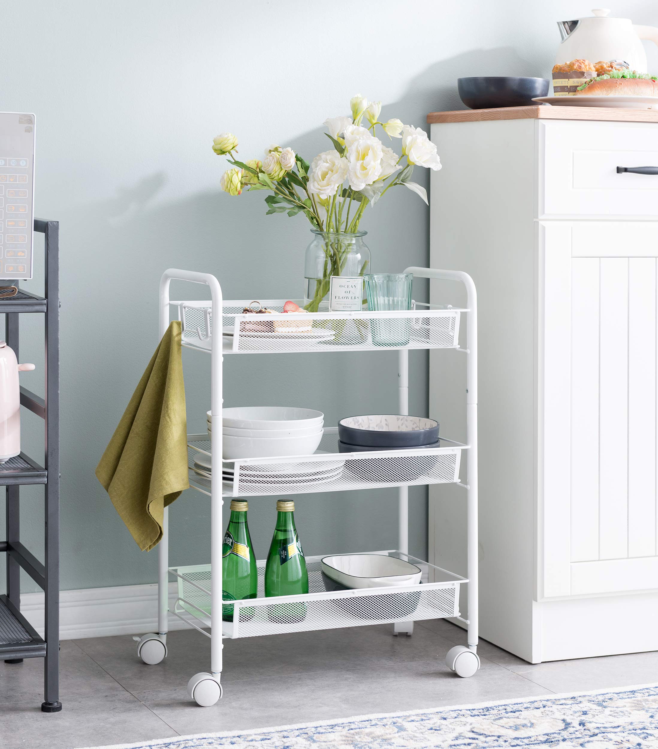 JANE EYRE 3-Tier Rolling Utility Storage Rack Cart on Wheels, Trolley Craft cart, Multi-Purpose Organizer Shelf, White