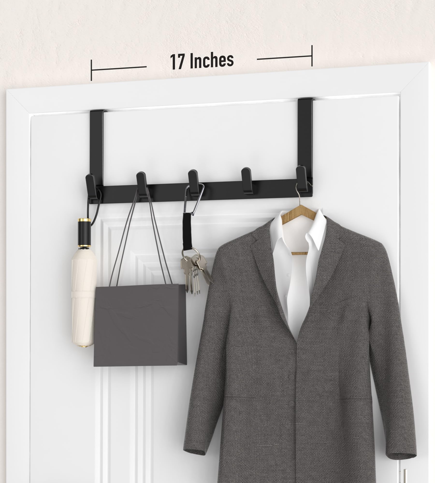 KitchLife Over The Door Hooks Hanger with Extended Arms for Easy Use by Women - Bathroom Accessories and Towel Rack Organization - 1 Pack, Matte Black