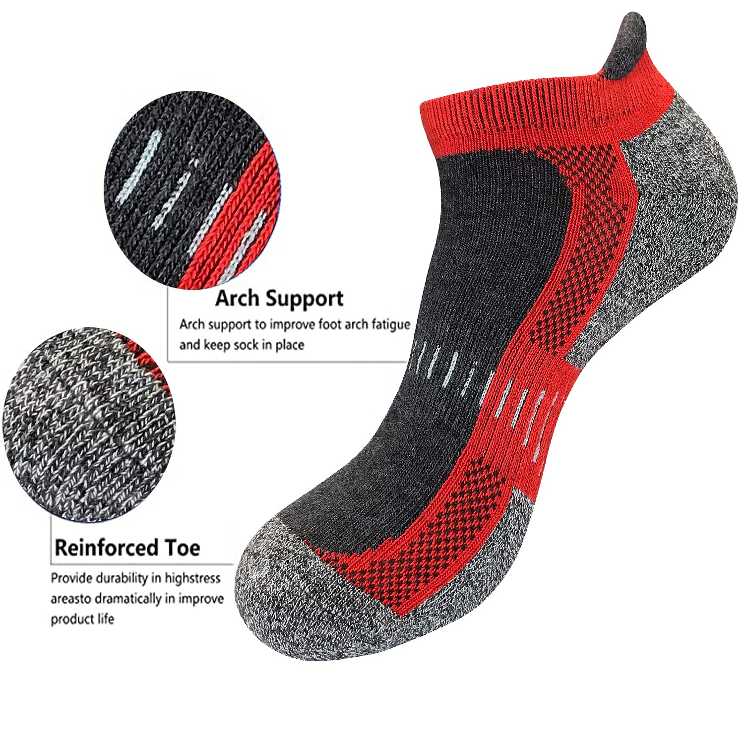 Men's Performance Cushion Cotton Low Cut Ankle Athletic Socks Heel Tab Running Socks(5 Pairs) (Five colors), 6-12