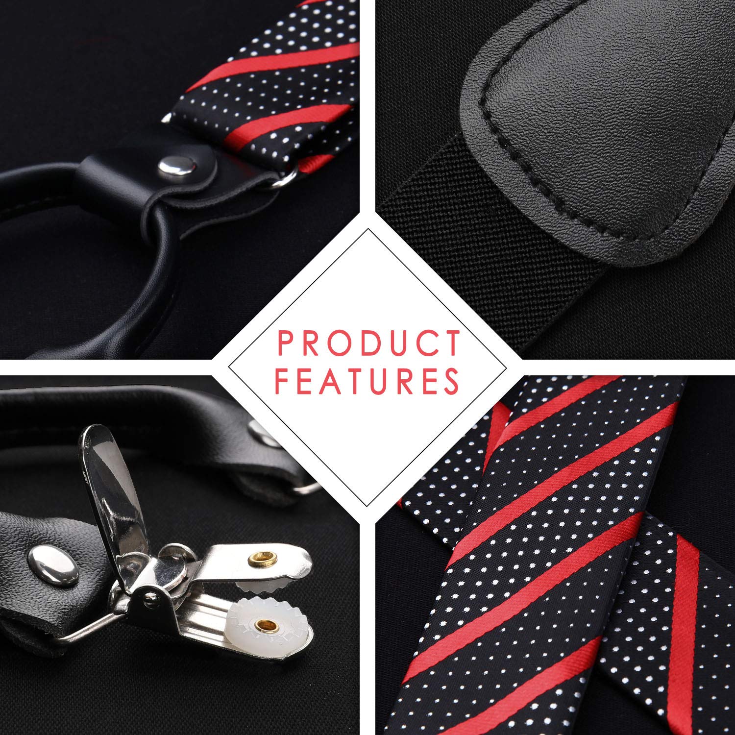 HISDERN Bow Tie and Suspenders for Men Red Striped Suspender and Bowtie Handkerchief Set Adjustable Y Shape 6 Clips Wedding Brace