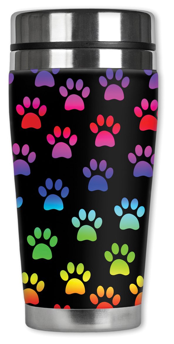 Mugzie "Paw Prints" Stainless Steel Travel Mug with Insulated Wetsuit Cover, 20 oz, Black