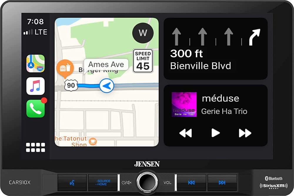 Jensen CAR910X Multimedia 9" Receiver with Apple CarPlay and Android Auto, 1024x600 Resolution, 500 cd/m2 Brightness, 500:1 Contrast Ratio, Back-up Camera Input, Front and Rear USB Inputs