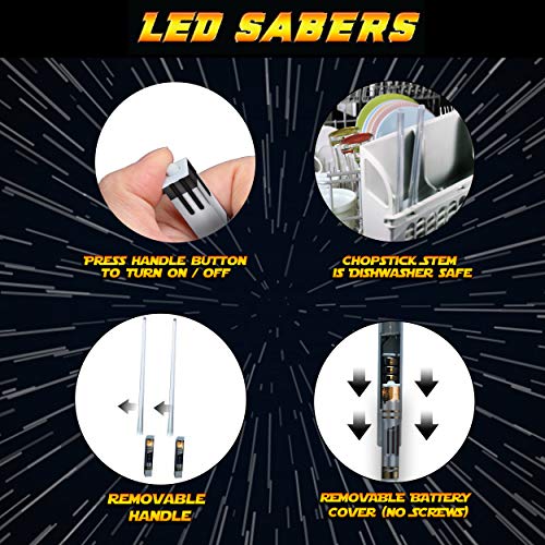LIGHTSABER CHOPSTICKS LIGHT UP STAR WARS LED Glowing Light Saber Chop Sticks REUSABLE Sushi Lightup Sabers Removable Handle Dishwasher Safe 8 Color Modes 2 Pairs