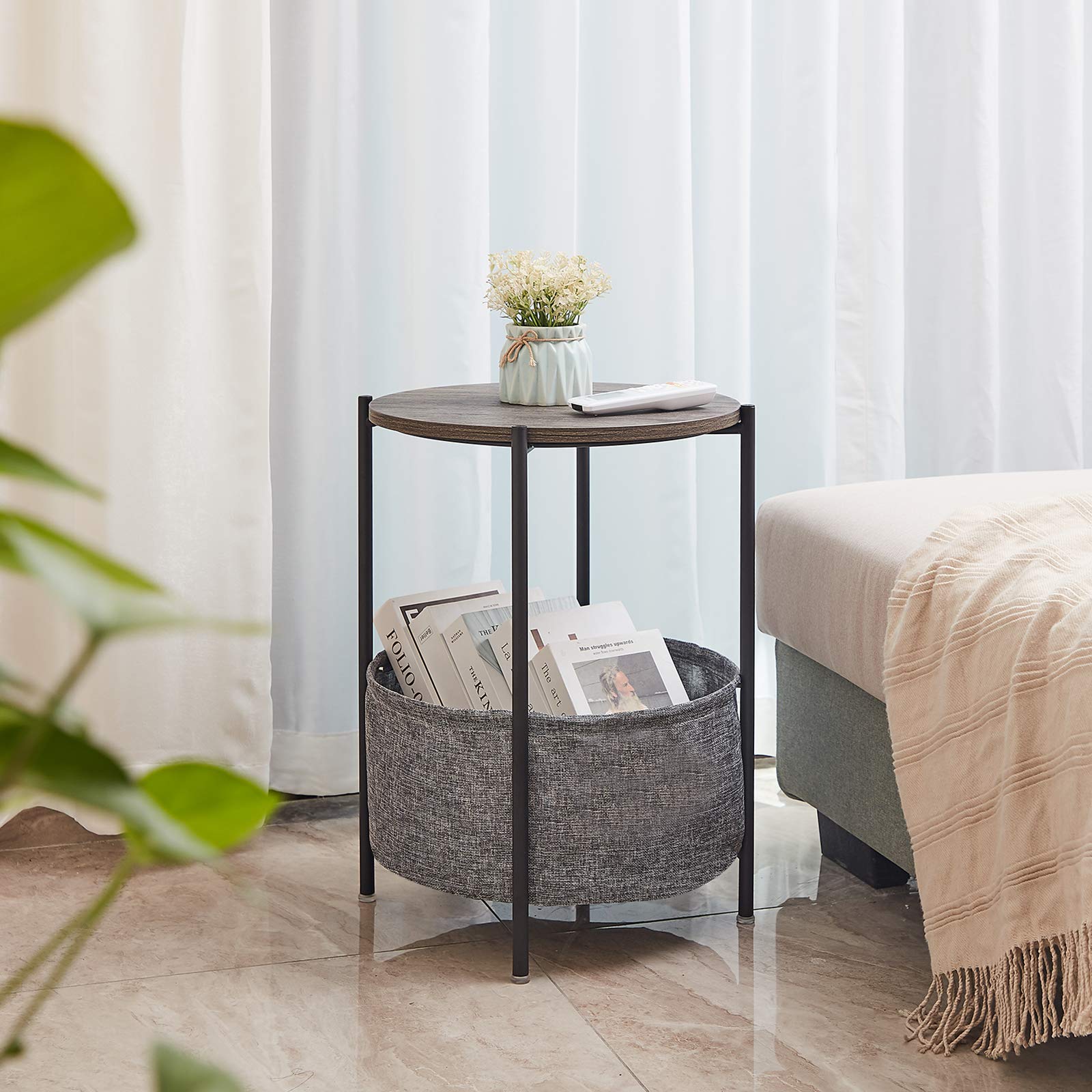 JANE EYRE Round Side Table with Storage Basket Small End Table Nightstand with Fabric Storage for Living Room Bedroom Home Office