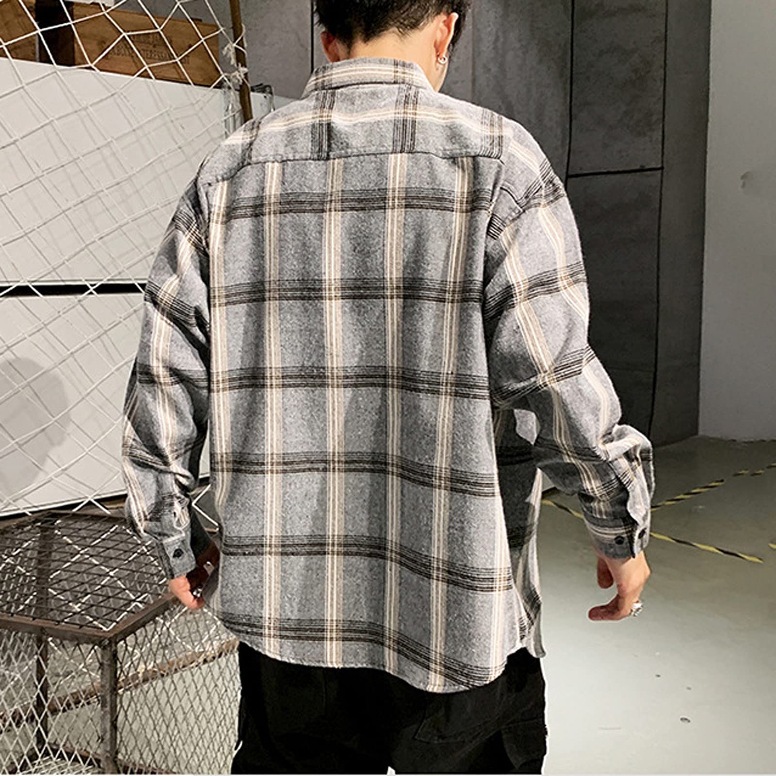 Men's Plaid Shirts Fashion Design Long Sleeve Button Down Loose Lapel Casual Shirt Basic Tees Baggy Tops Spring Autumn