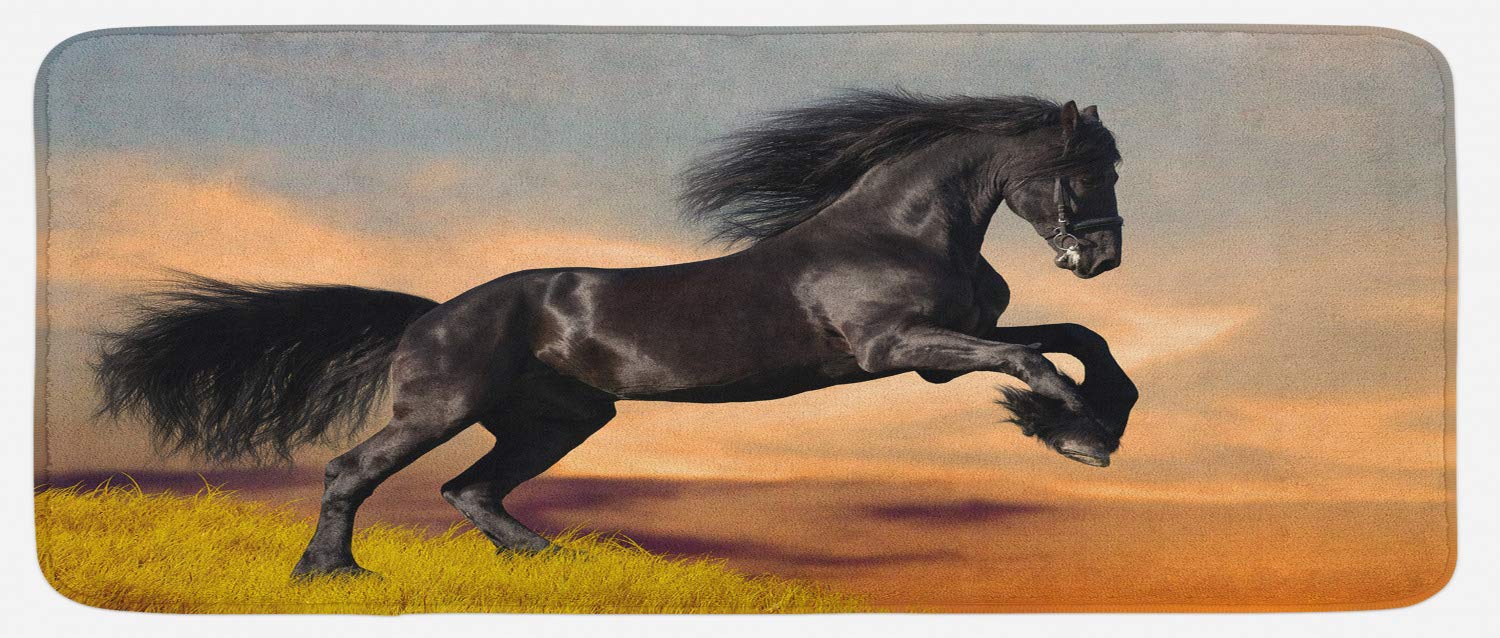 Lunarable Horse Kitchen Mat, Western Wildlife Theme Friesian Horse Galloping Idyllic Sunset Scenery Pasture Nature, Plush Decorative Kitchen Mat with Non Slip Backing, 47" X 19", Multicolor