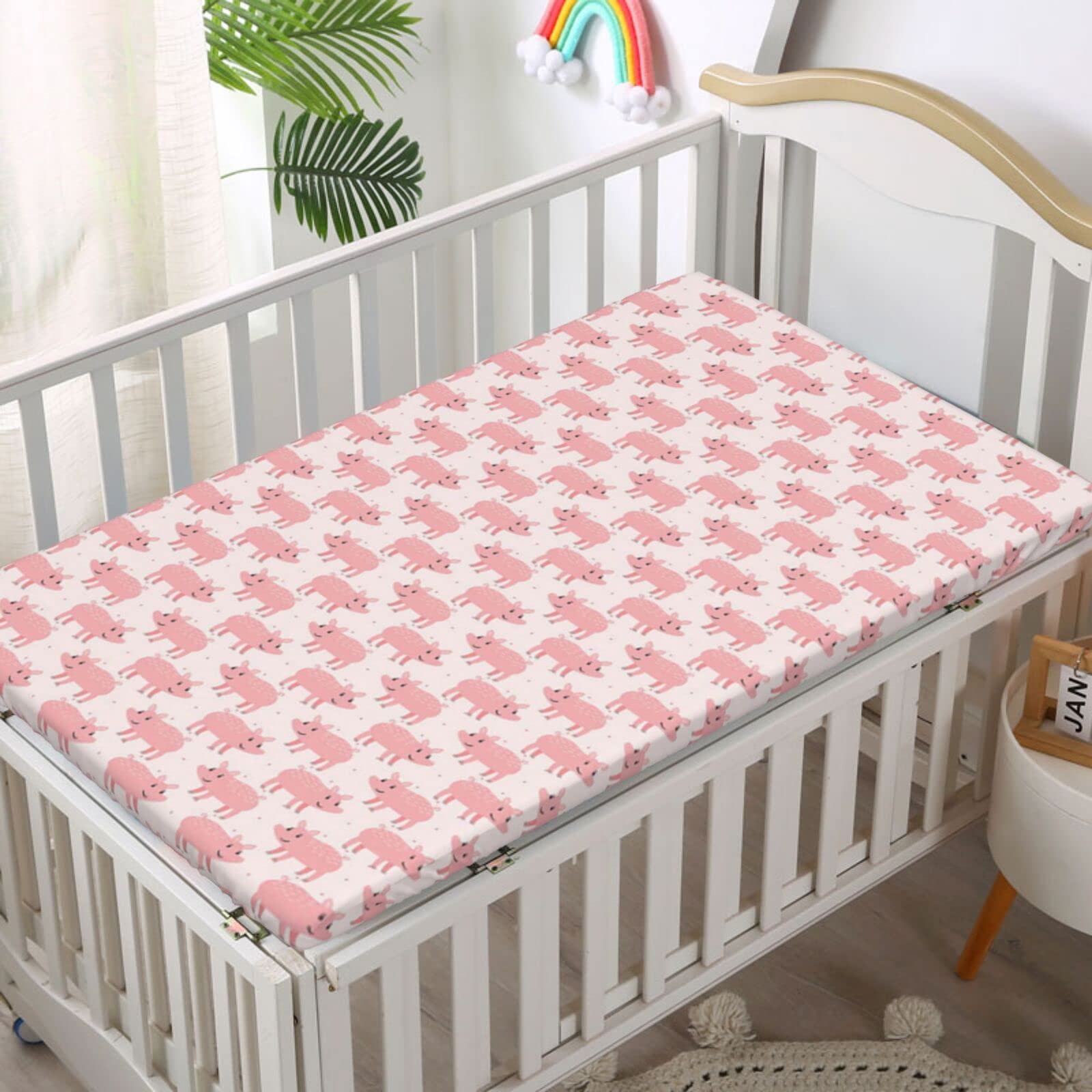 Pig Themed Fitted Mini Crib Sheets,Portable Mini Crib Sheets Soft and Breathable Bed Sheets-Crib Mattress Sheet or Toddler Bed Sheet,24β x38β,Pale Pink and Rose