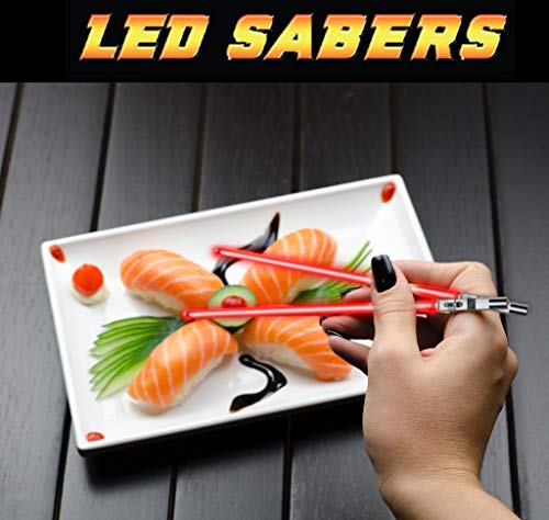 LIGHTSABER CHOPSTICKS LIGHT UP STAR WARS LED Glowing Light Saber Chop Sticks REUSABLE Sushi Lightup Sabers-Removable Handle Dishwasher Safe-Premium GIFT BOX & CARRY CASE Included -Blue & Red - 2 Pairs