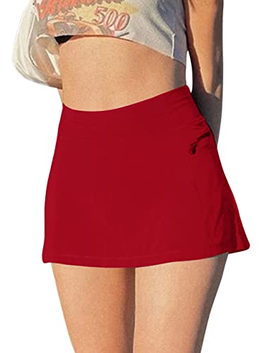 Meladyan Women's Solid High Waist A Line Mini Tennis Skirt Inner Shorts Zip Pocket Micro Skort Punk Streetwear Red