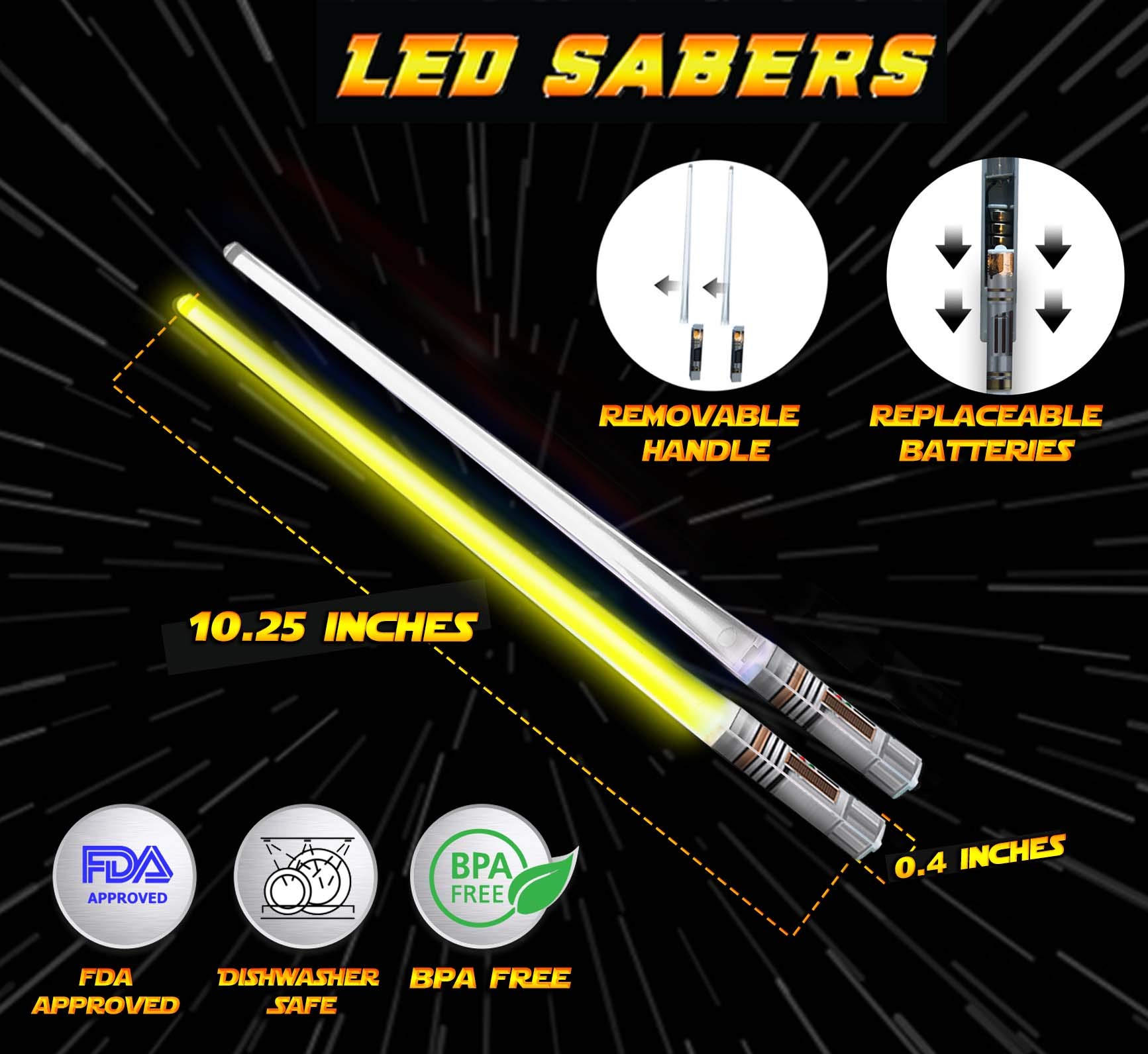 LIGHTSABER CHOPSTICKS LIGHT UP STAR WARS LED Glowing Light Saber Chop Sticks REUSABLE Sushi Lightup Sabers - Removable Handle Dishwasher Safe - Premium GIFT BOX & CARRY CASE Included - YELLOW 1 PAIR