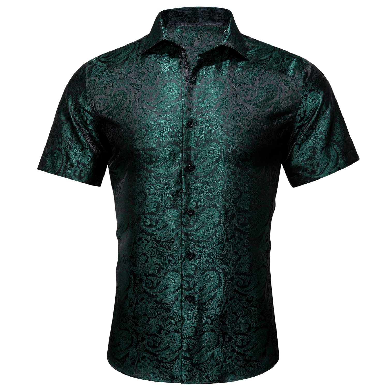 Men's Silk Shirt Paisley Floral Jacquard Short Sleeve Button Down Dress Shirts Formal Casual Wedding Party Deep Green