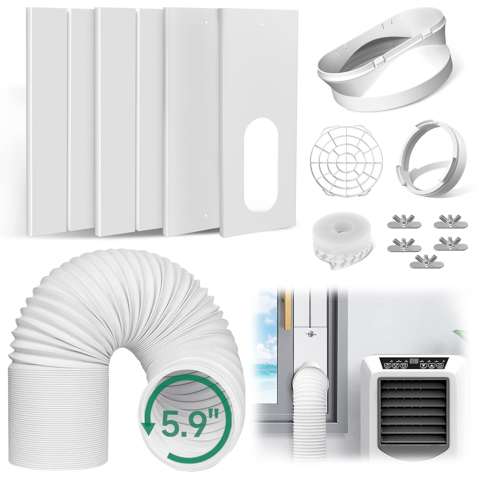 Plusluck Portable Air Conditioner Window Vent Kit, 10Pcs with 4 Slide Seal Plates & 5.9 Exhaust Hose, Adjustable Portable AC Window Kit for Ducting Universal for Sliding Horizontal & Vertical Windows