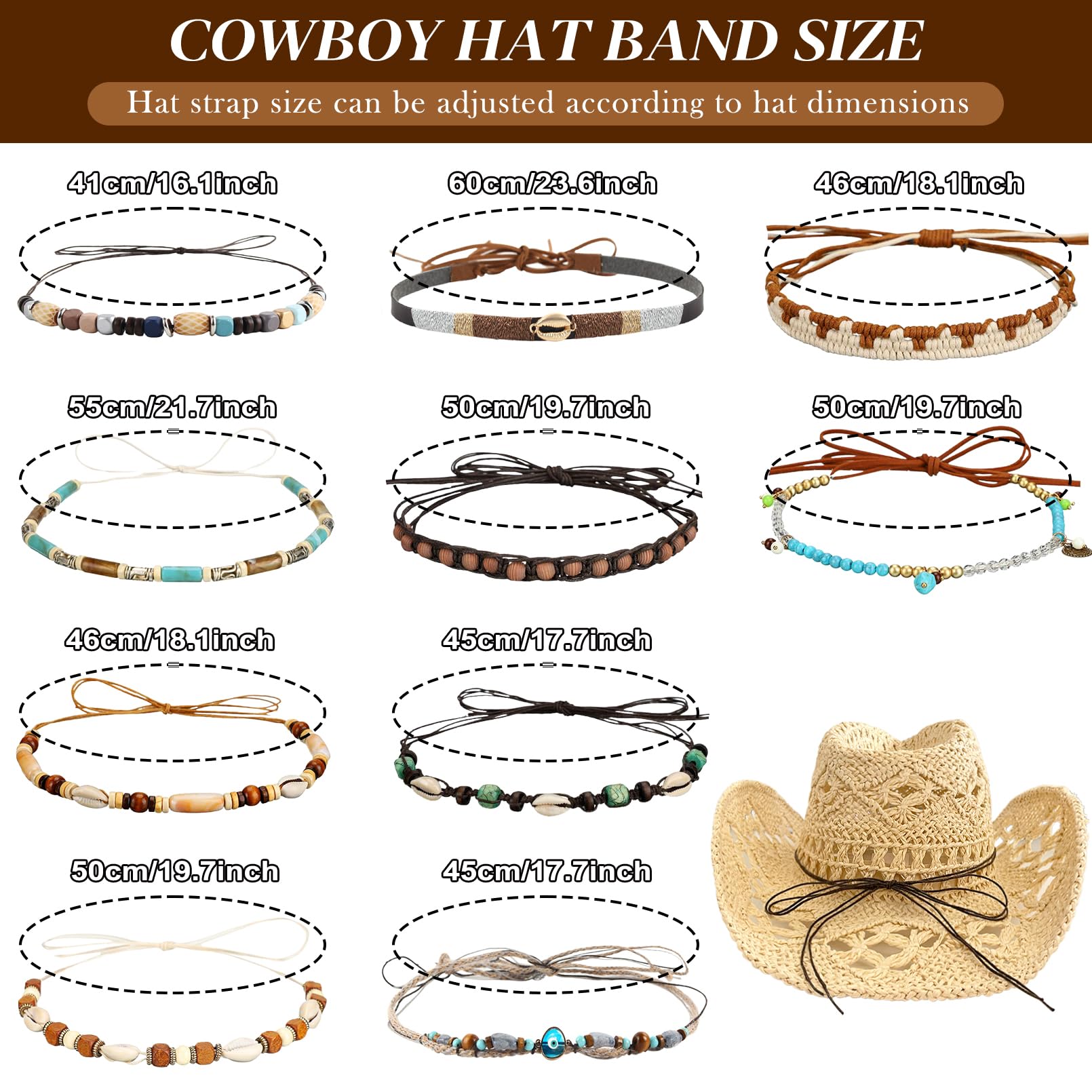 RainFlowwer 10 PCS Hat Band for Womens Cowboy Hat, Mens Hand Made Replacement Hat Belt Fedora