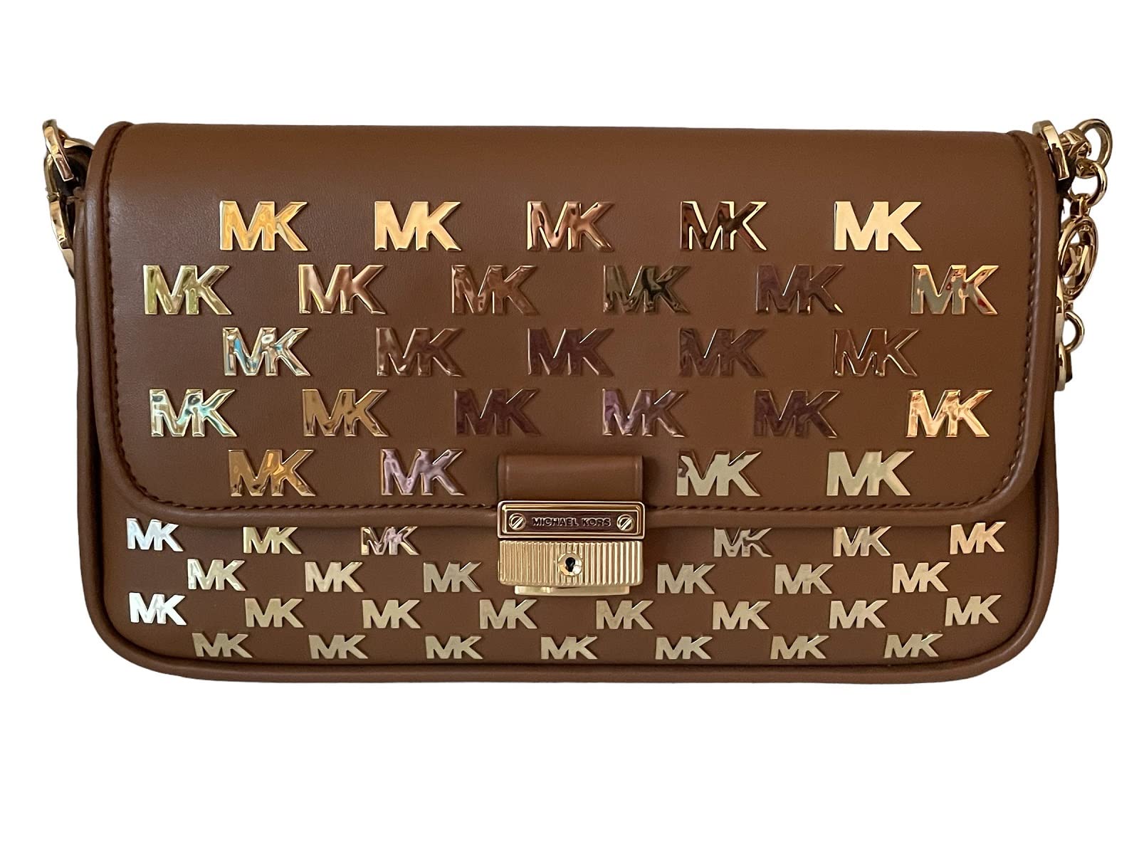 Michael Kors Bradshaw Small Logo Embossed Patent Leather Convertible Shoulder Bag (Brown Luggage)
